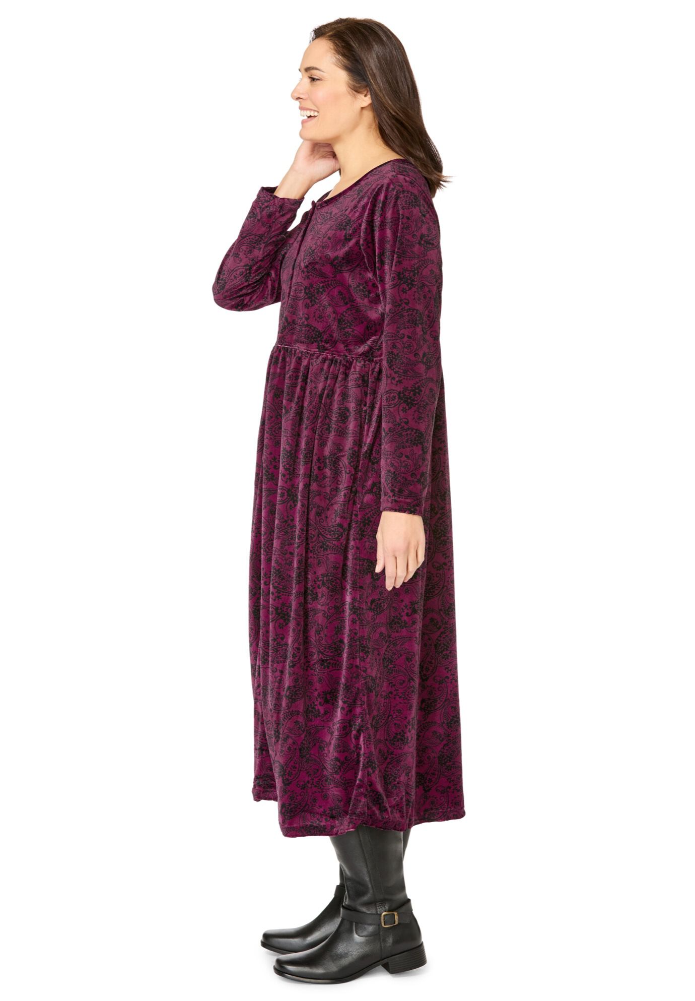 21-Button Velour Dress - Soft Velour Fabric, Deep Claret Floral Paisley ...