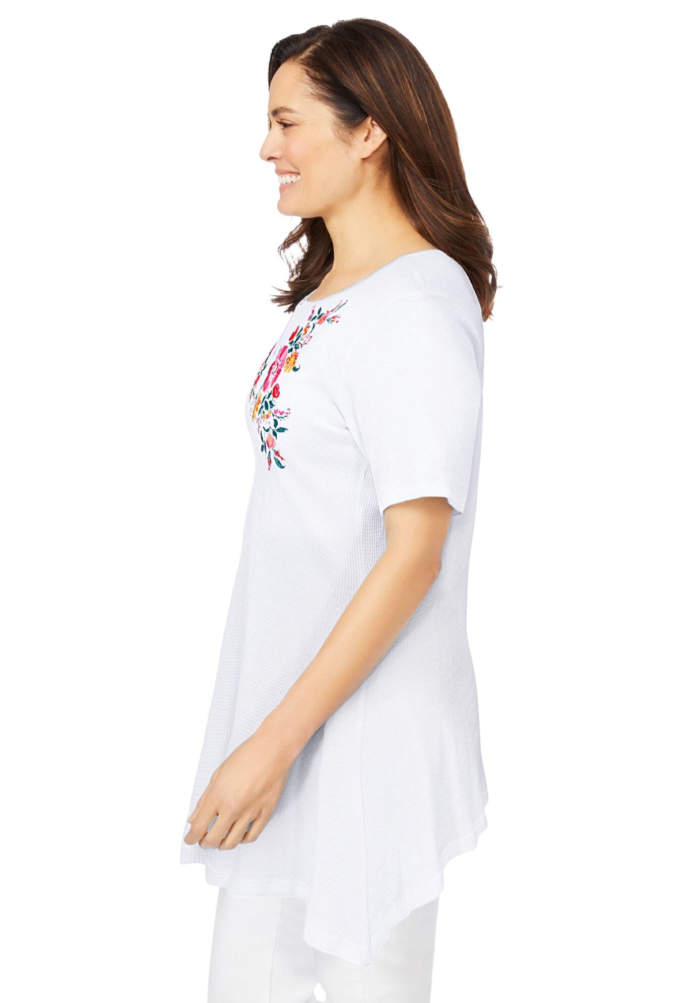 Embroidered Thermal Tunic with Floral Details, White Blooming ...