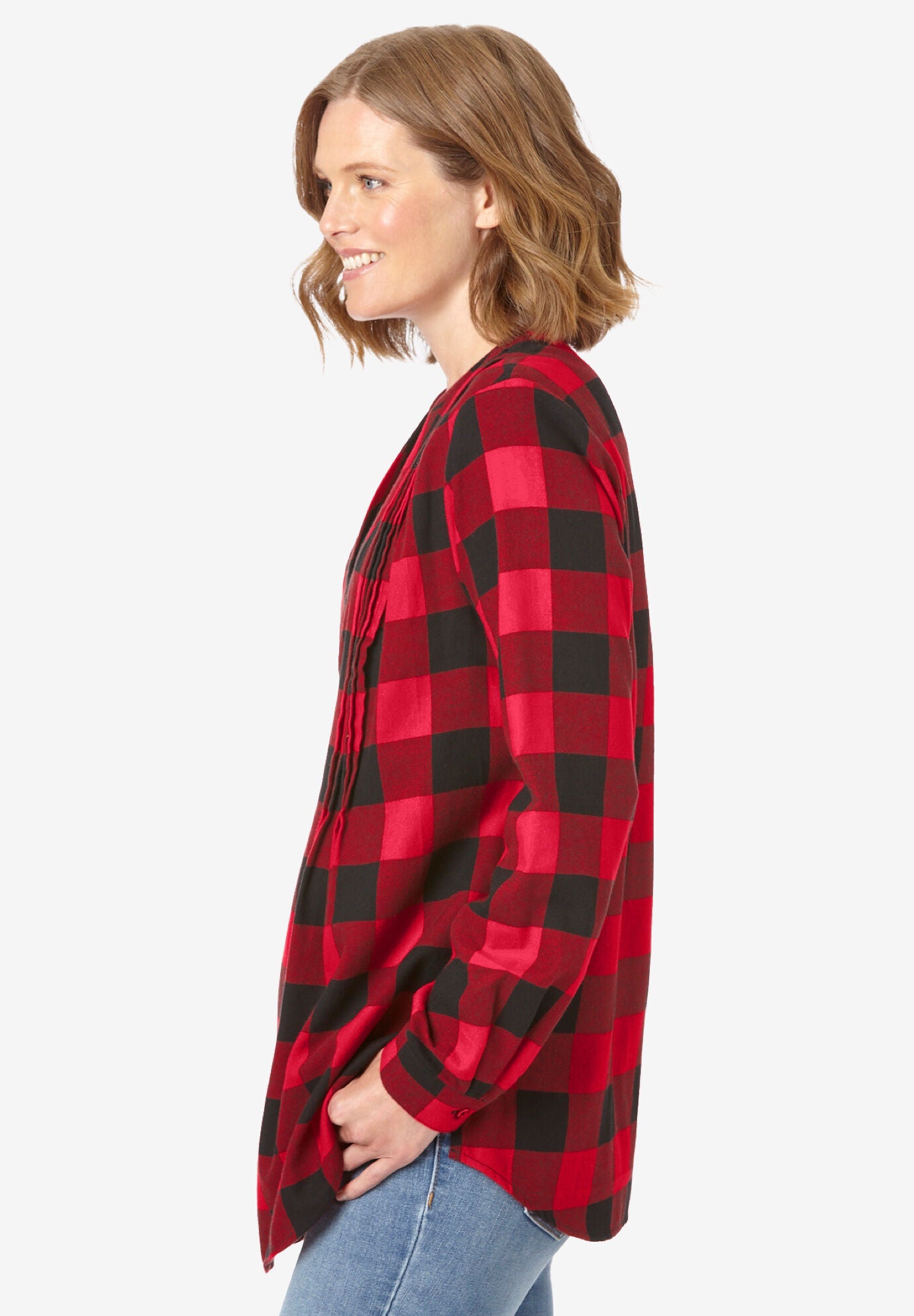 Flannel Tunic with Layered Look - Plus Size, French Blue Cozy Plaid ...