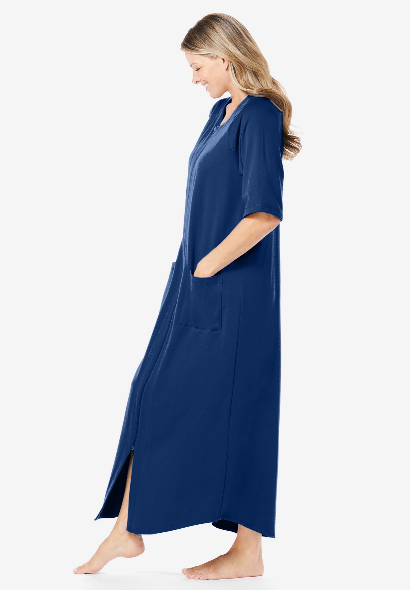 French Terry Robe - Long Zip-Front Style, Evening Blue | Woman Within