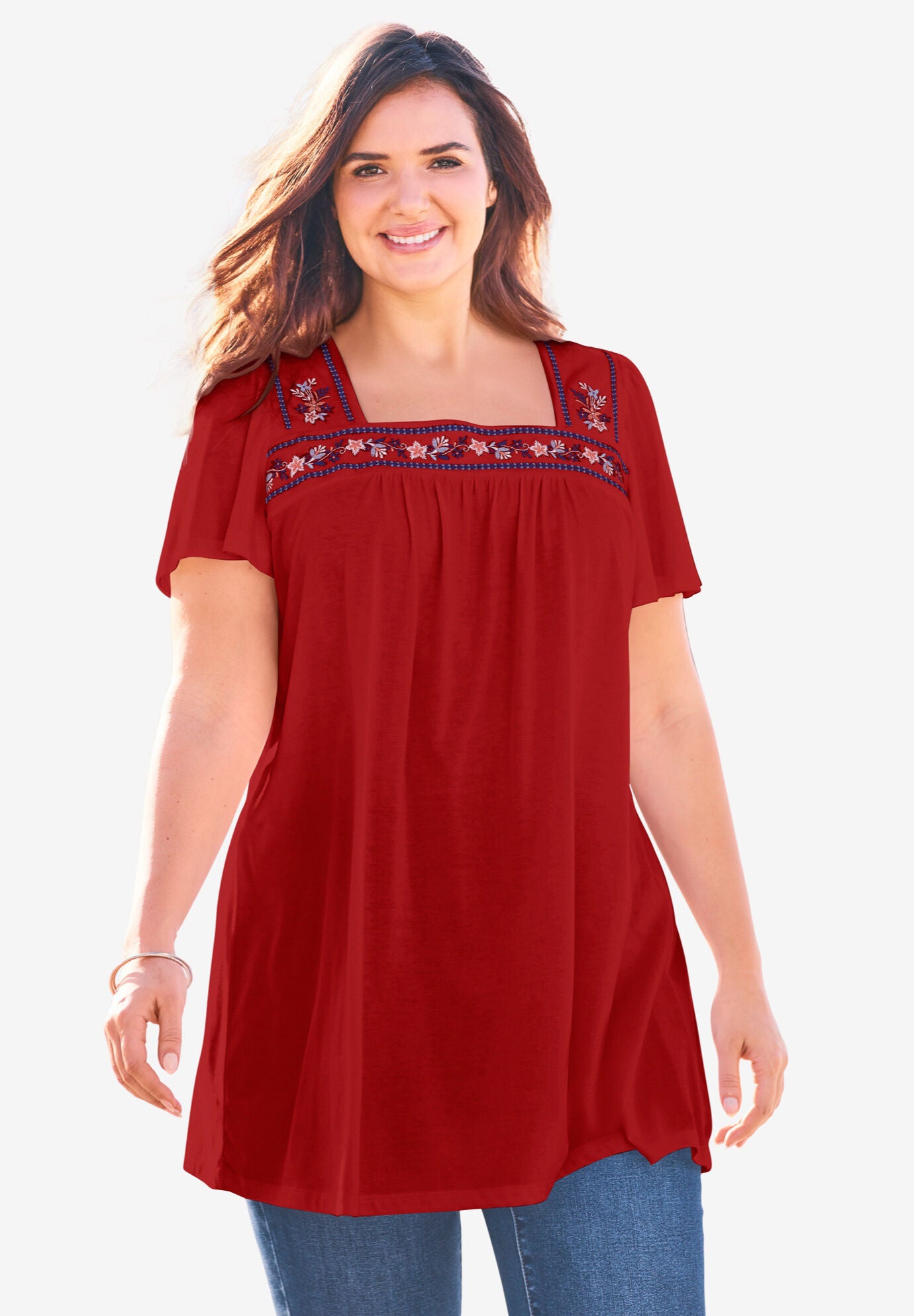 Embroidered Square Neck Tunic - 30" Length, Classic Red Multi ...