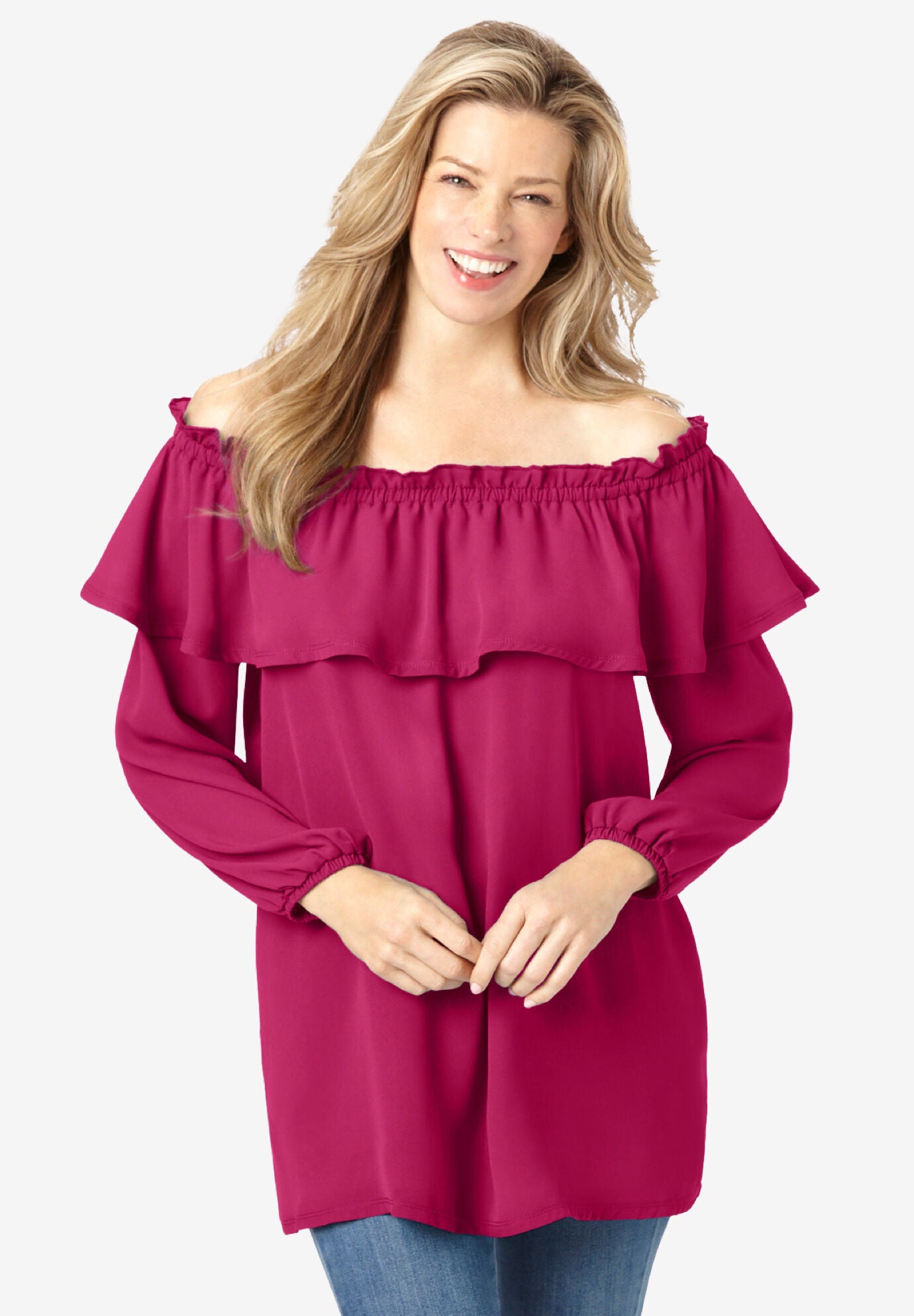 Off-the-Shoulder Ruffled Tunic Top, Black | Woman Within