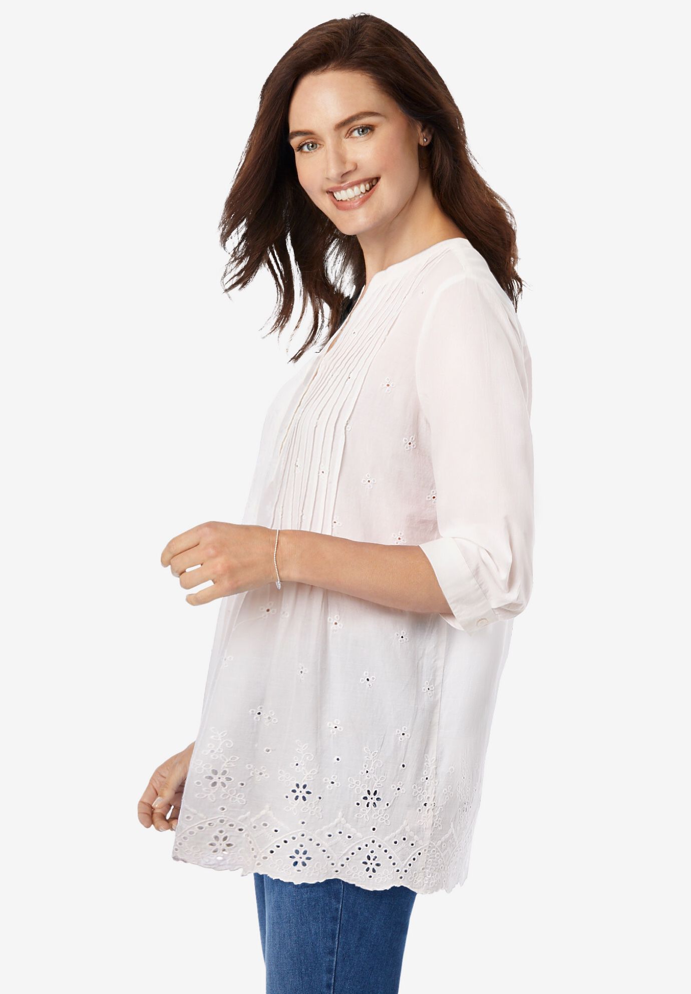 Embroidered Pintuck Tunic - Plus Sizes, White Eyelet Embroidery | Woman ...