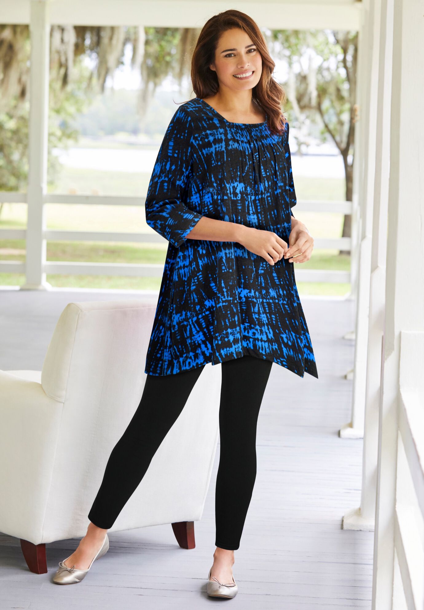 Tie-Dye Smocked 3/4 Sleeve Tunic, Bright Cobalt Tie Dye | Woman Within