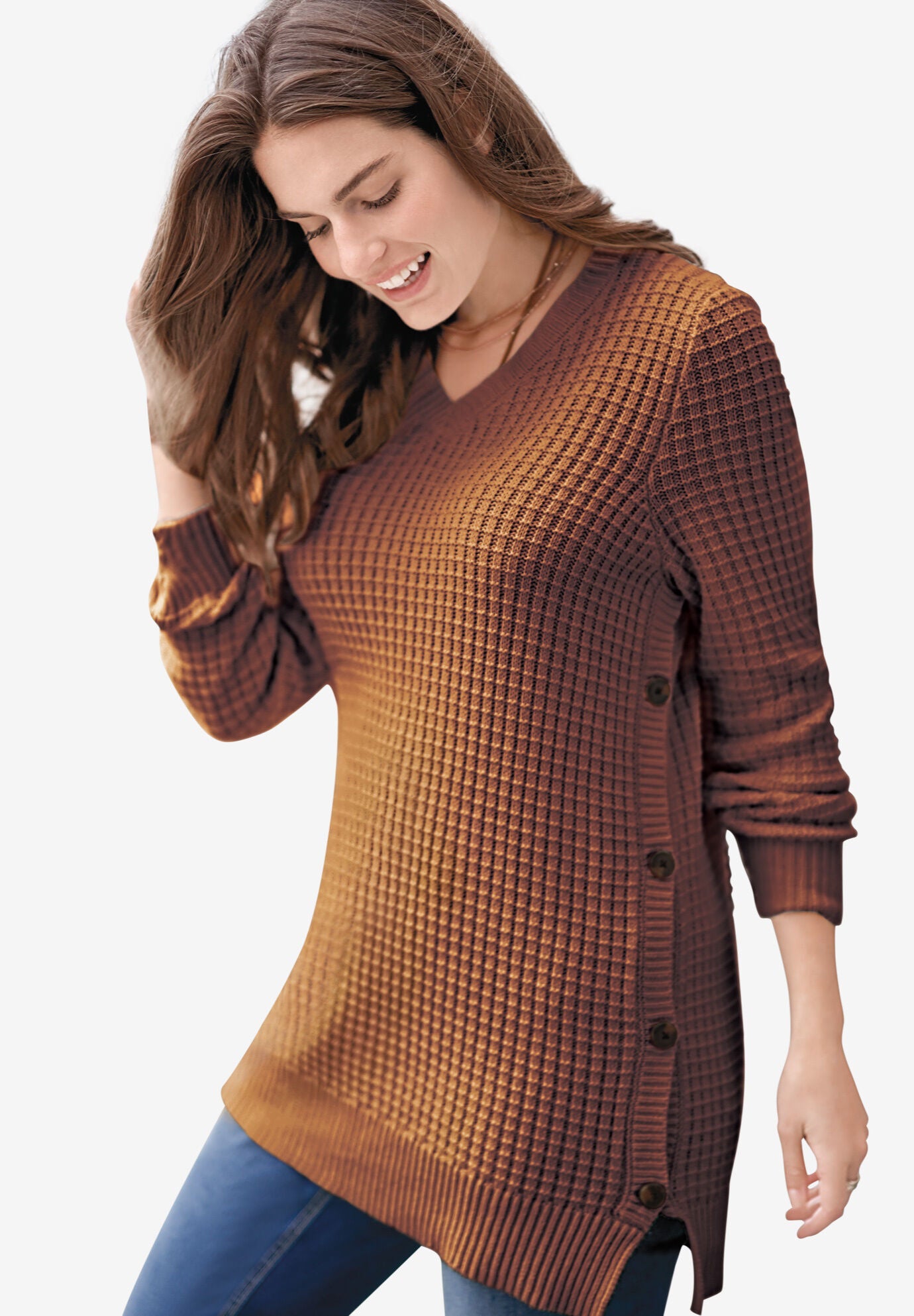 Side Button Waffle Knit V-Neck Sweater, Antique Copper | Woman Within