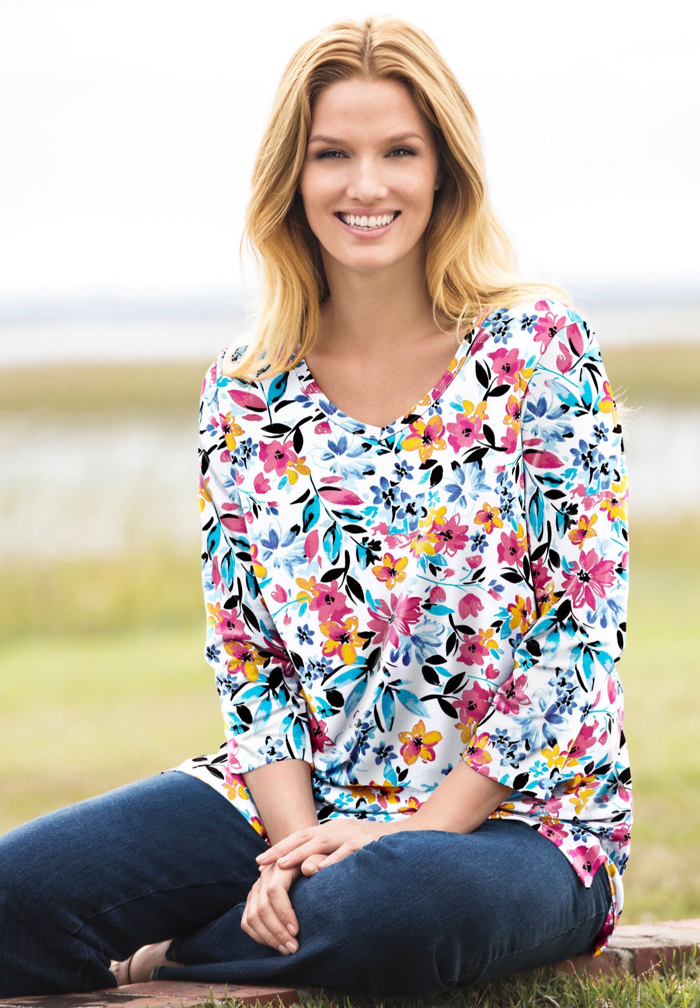 Printed V-Neck Tunic - Best Selling Style, Navy Offset Dot | Woman Within