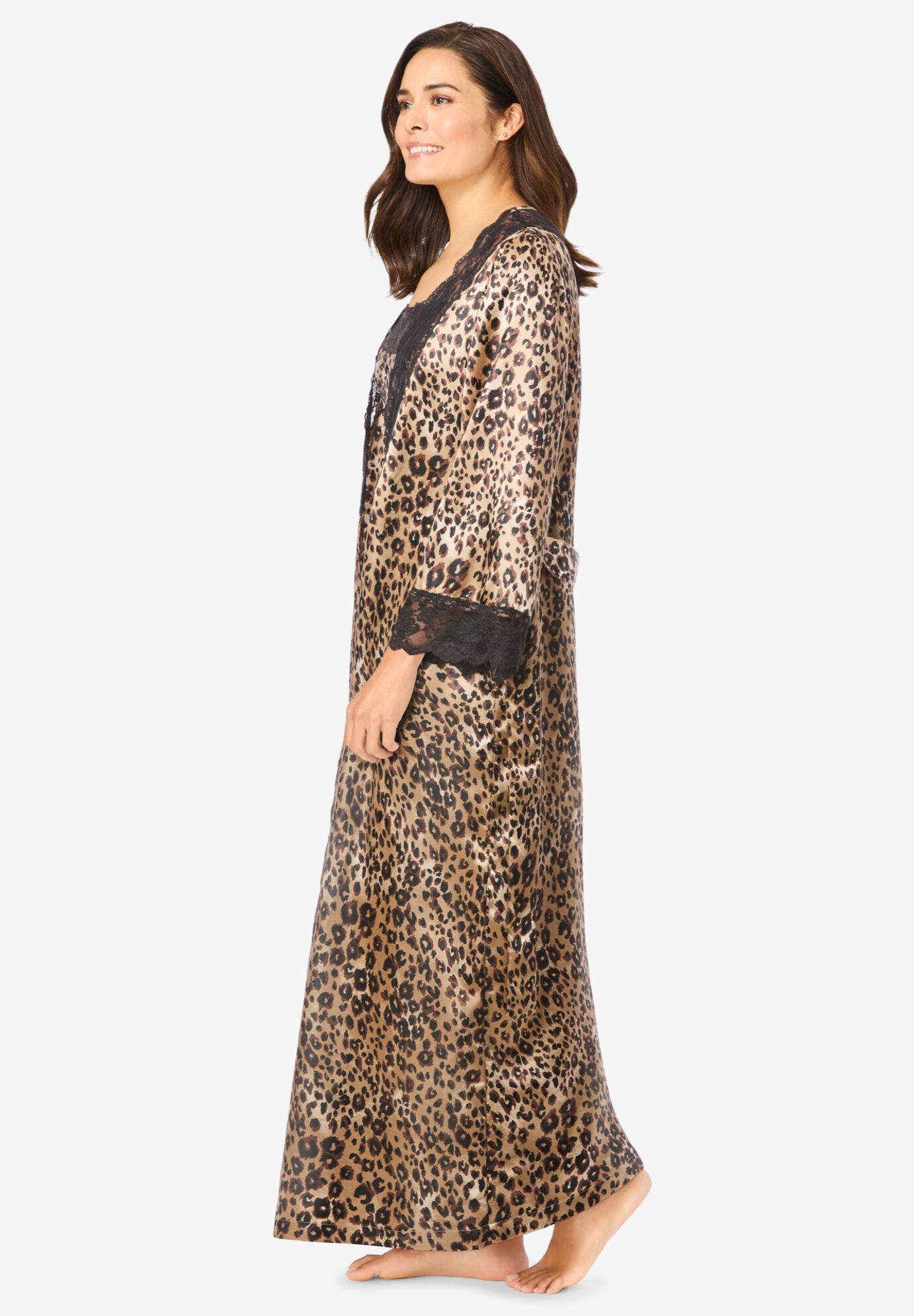 Romantic Satin Long Peignoir Set 52" 53", Leopard | Woman Within