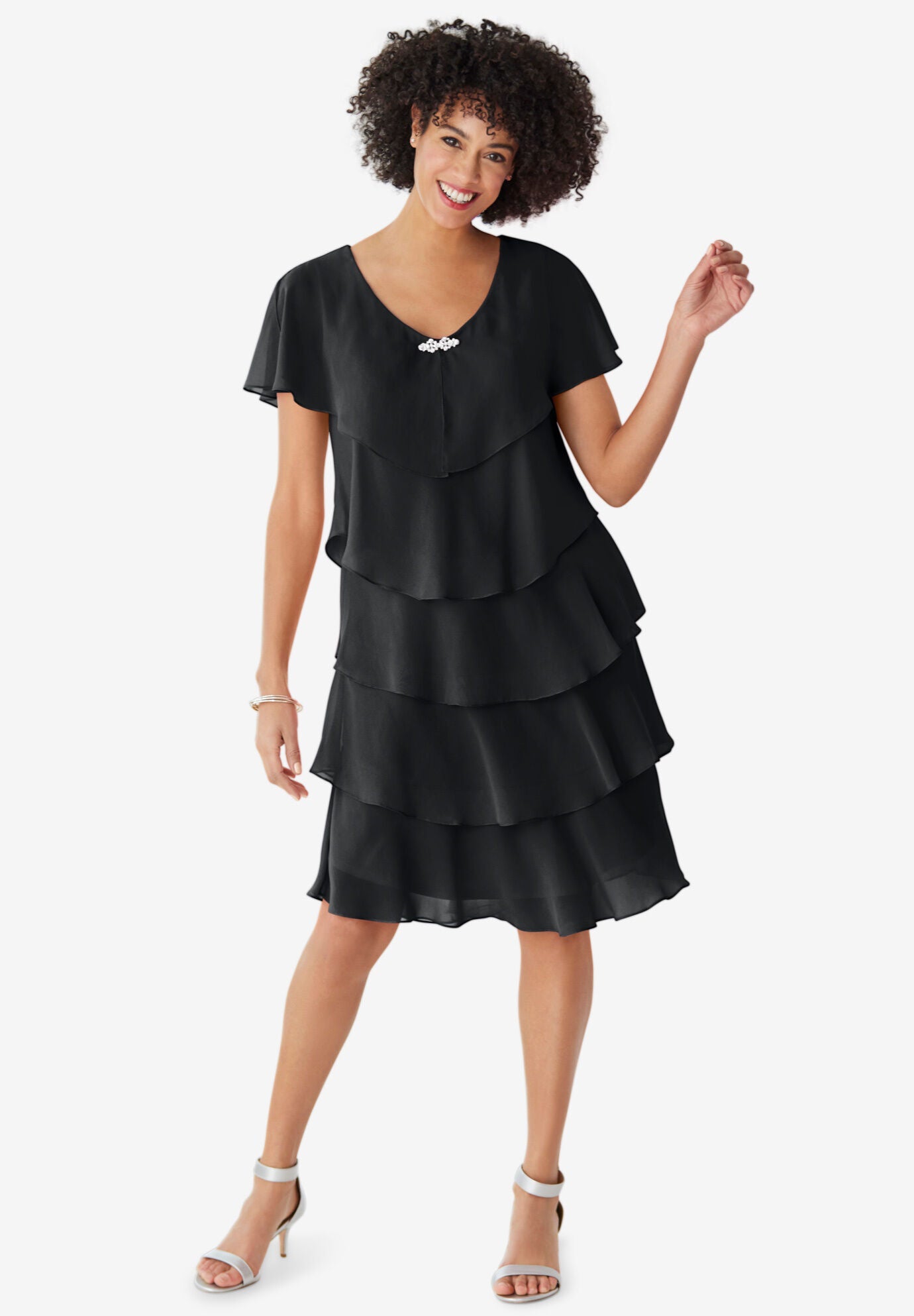 "Three-Tier Dress with Rhinestone Trim", Black | Woman Within