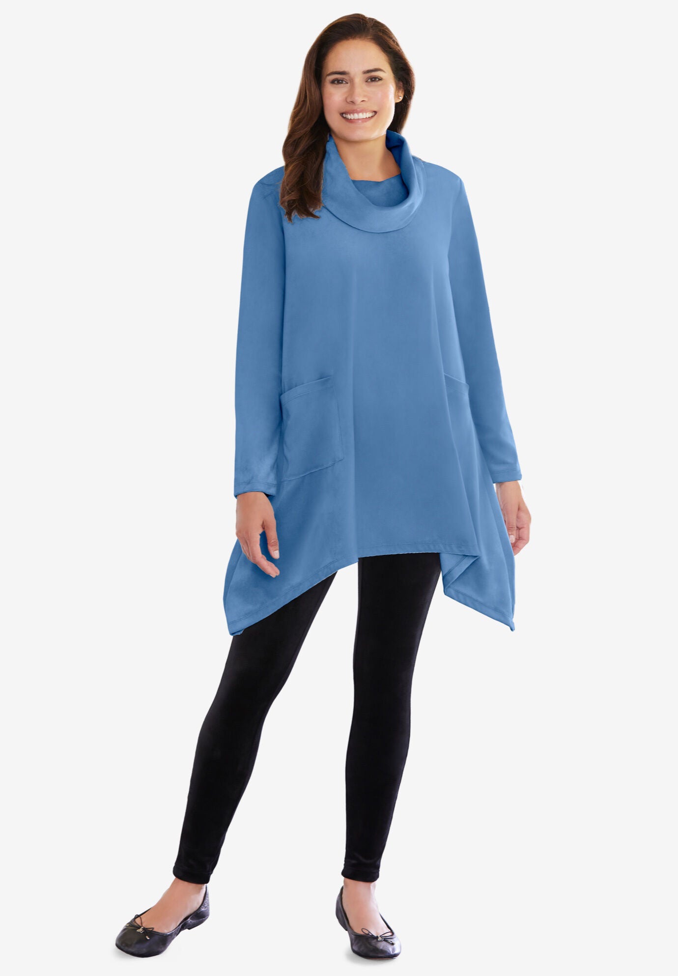 Velour Cowl Neck Tunic with Pockets - 30" Length, Deep Claret | Woman ...