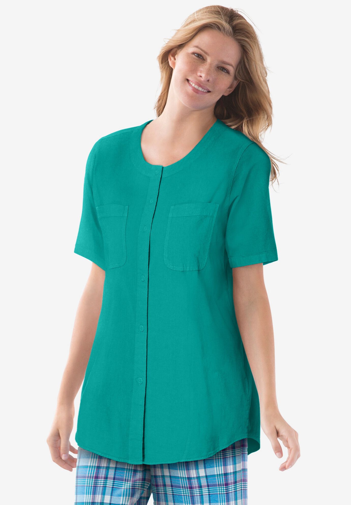 Short-Sleeve Crinkle Shirt - Relaxed Fit Cotton, Waterfall | Woman Within