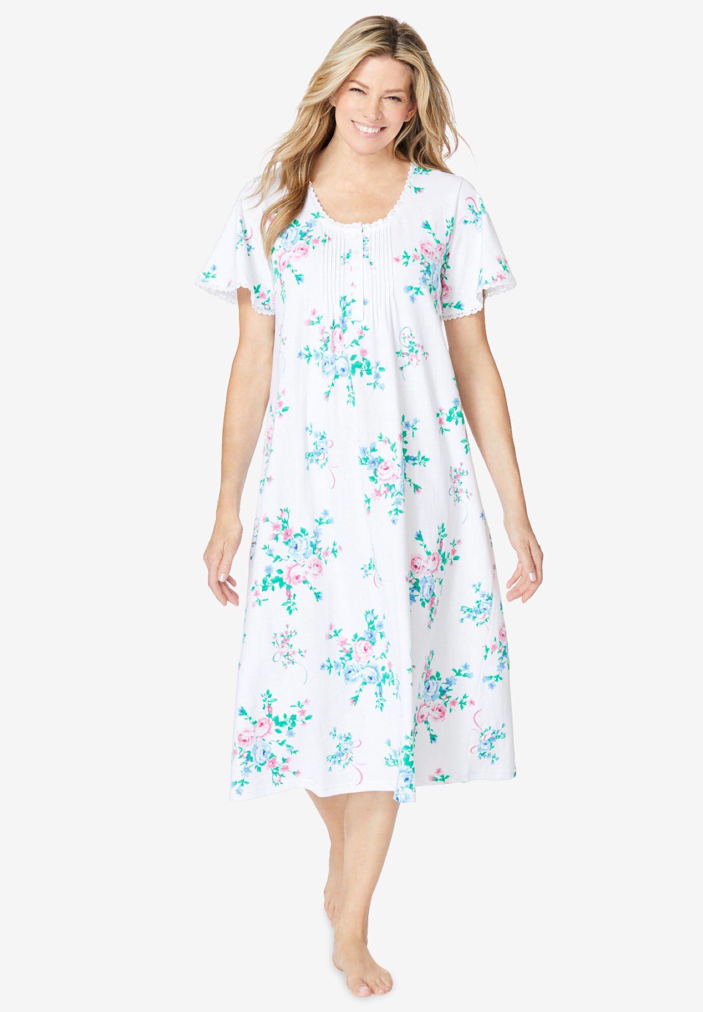 Short Pintuck Knit Gown – Sleepwear Pajama, White Floral | Woman Within