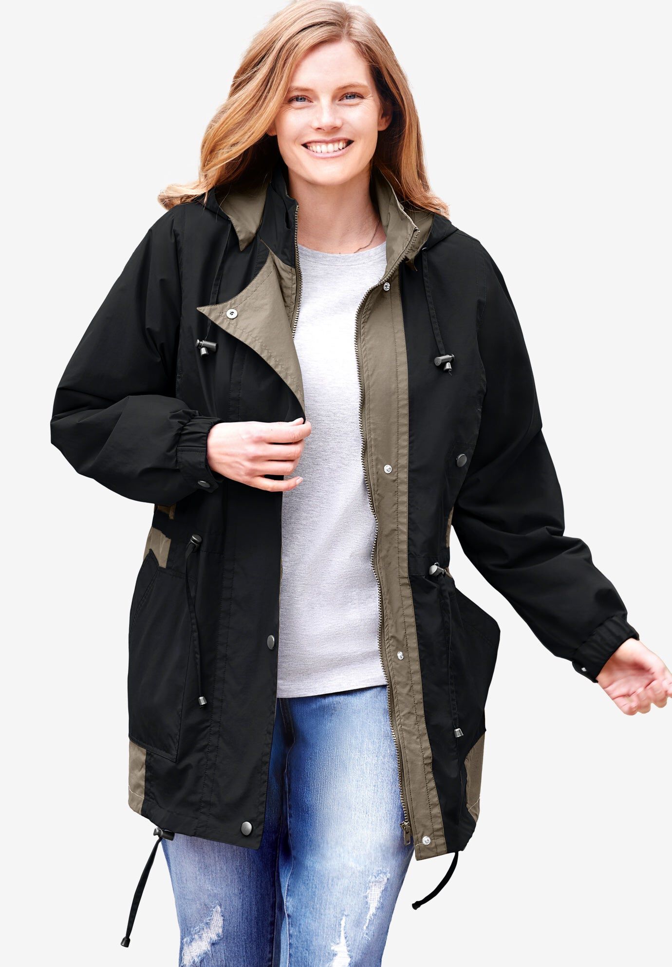 Colorblocked Taslon® Anorak for Women, Black Bark | Woman Within