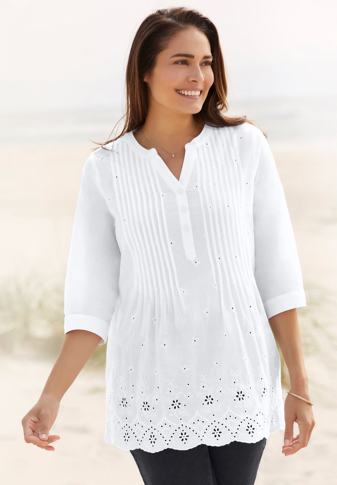 Embroidered Pintuck Tunic - Plus Sizes, White Eyelet Embroidery | Woman ...
