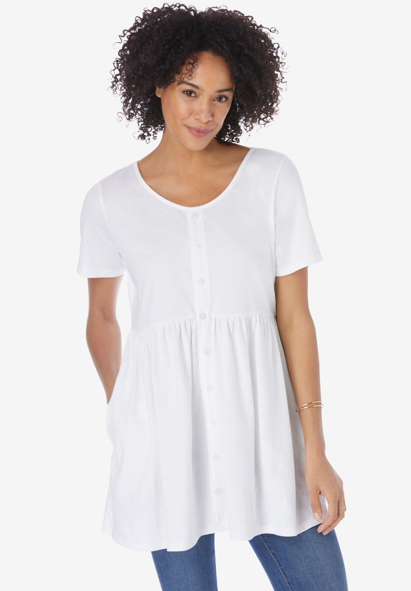 Short-Sleeve Empire Waist Tunic Top, White | Woman Within