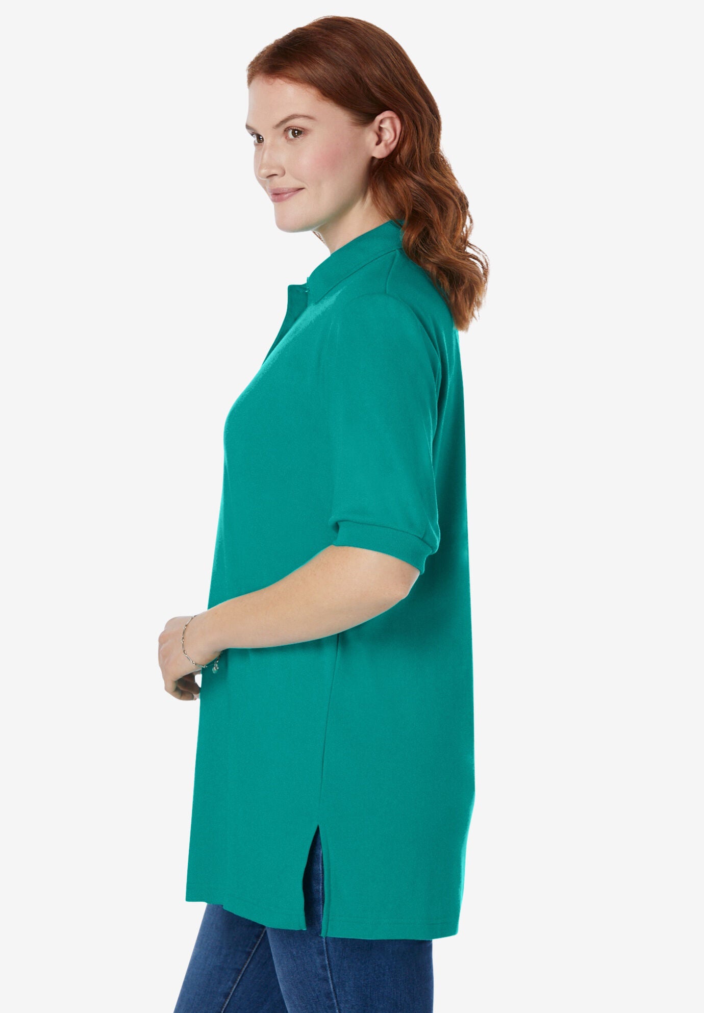Elbow-Sleeve Polo Tunic for Women 30" Length, Black | Woman Within