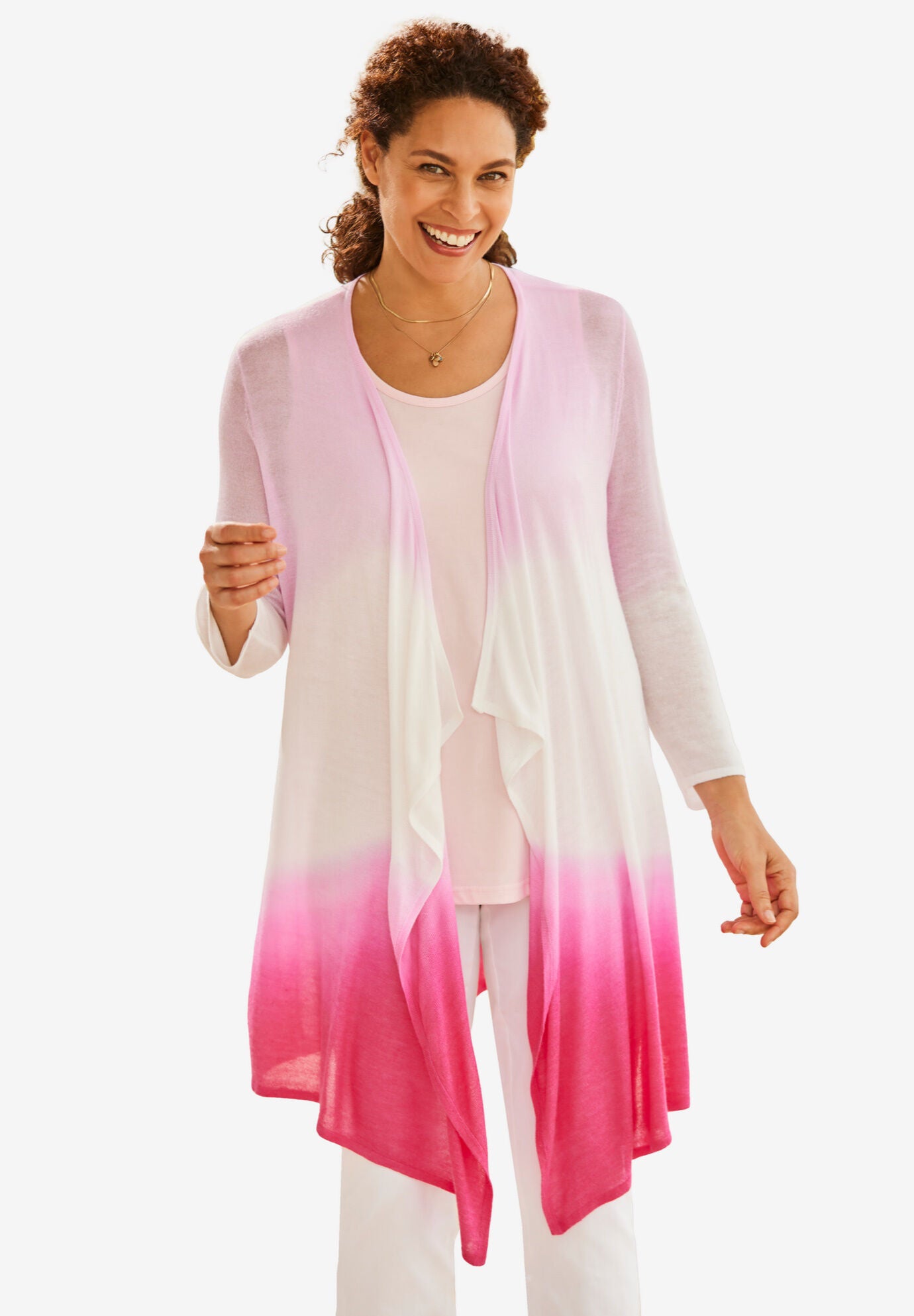 Lightweight Ombrè Open Front Cardigan - Relaxed Fit, Raspberry Sorbet ...