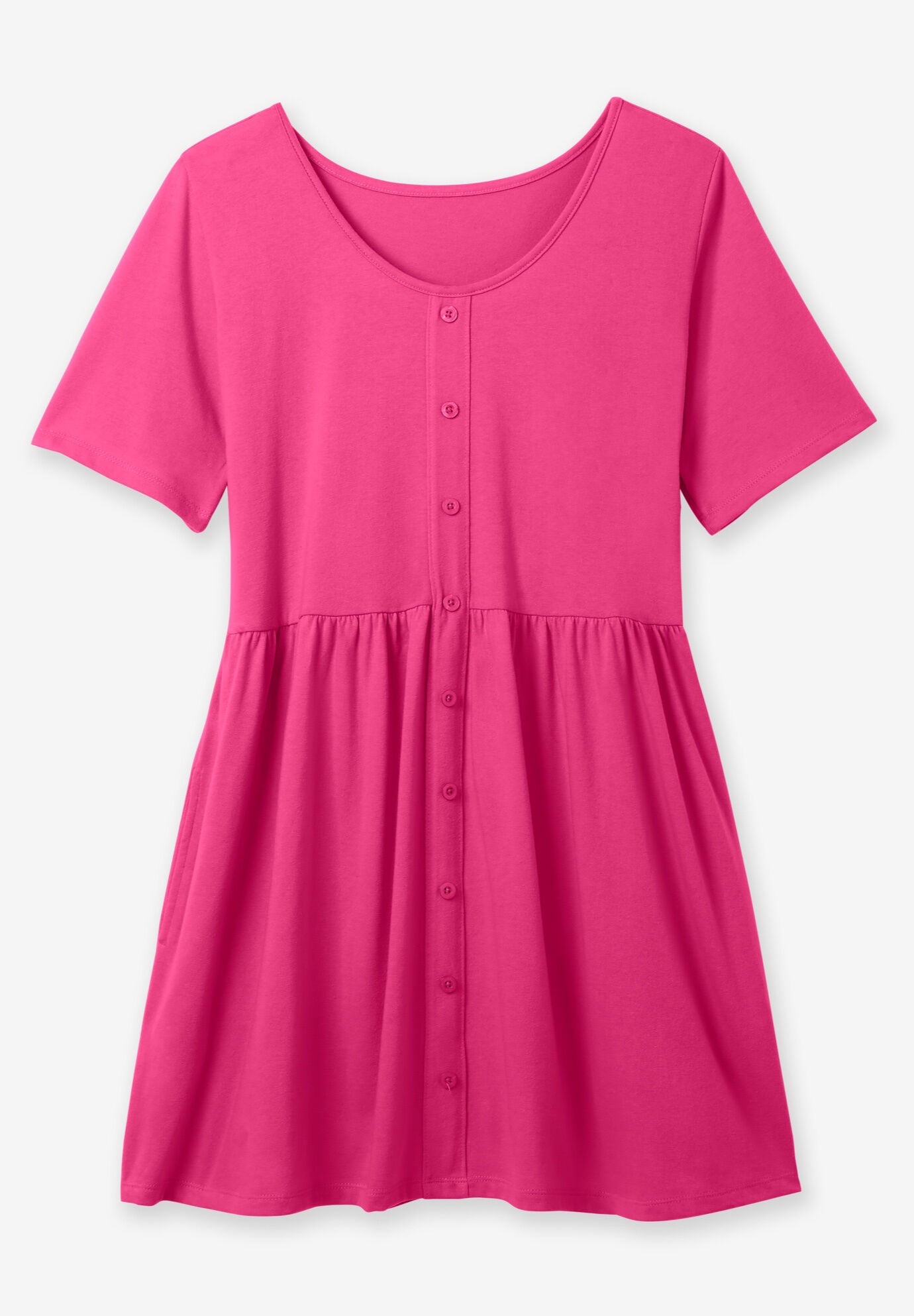 Short-Sleeve Empire Waist Tunic Top, Navy Hibiscus Tropicana | Woman Within