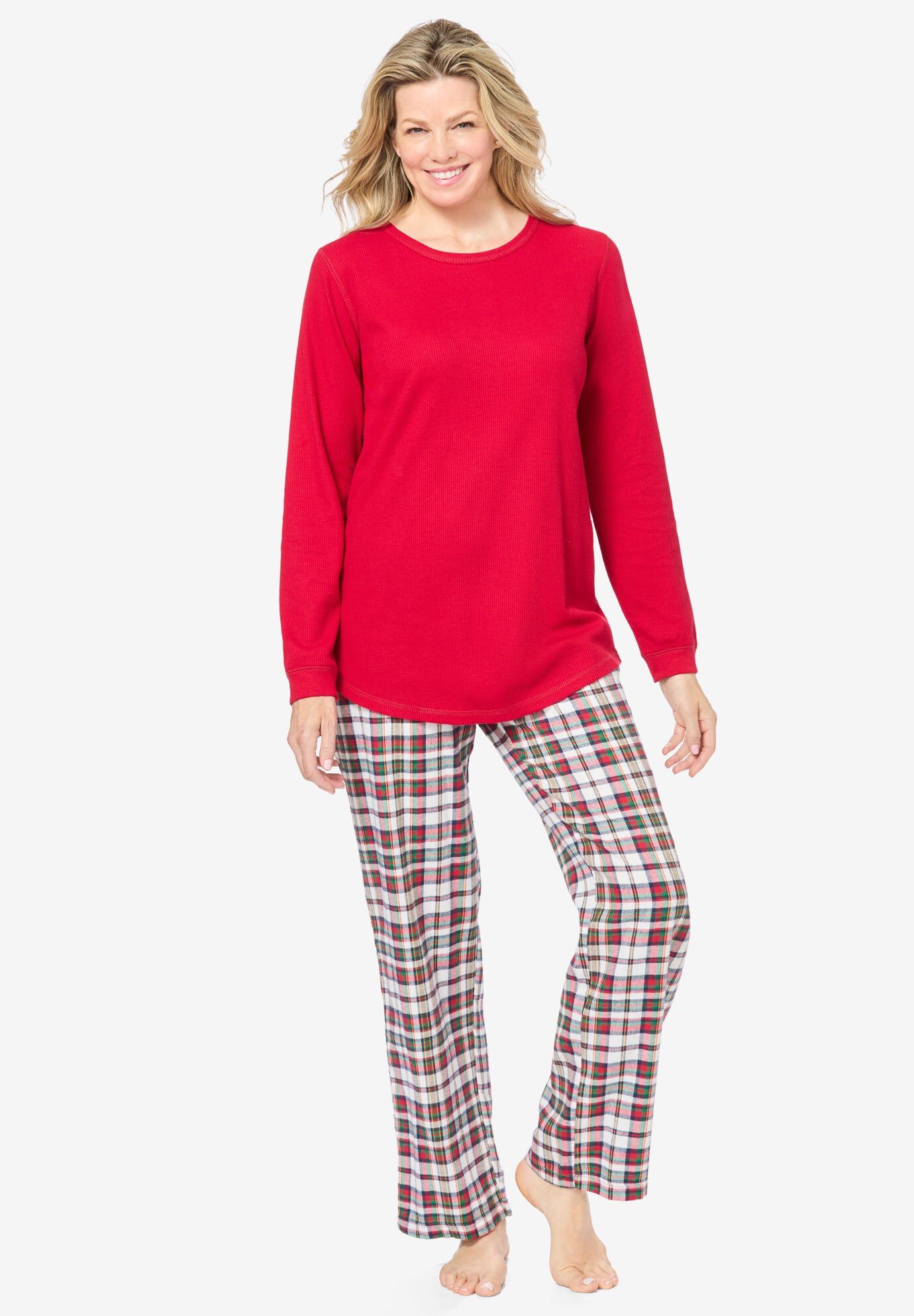 Thermal PJ Set Cozy Sleepwear Pajama Set, Red White Plaid | Woman Within