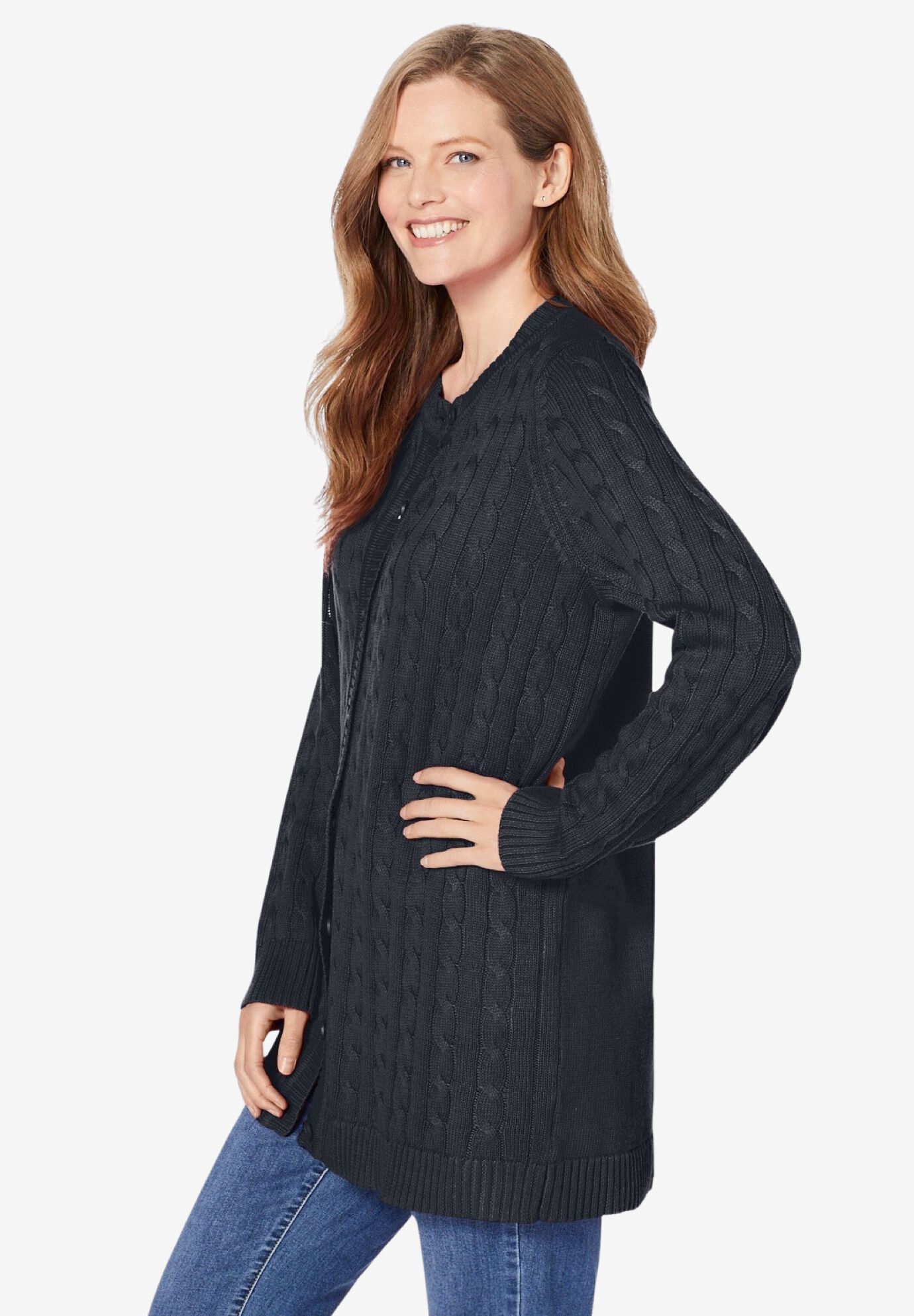 Cable Knit Cardigan Sweater - Pure Cotton, Black | Woman Within