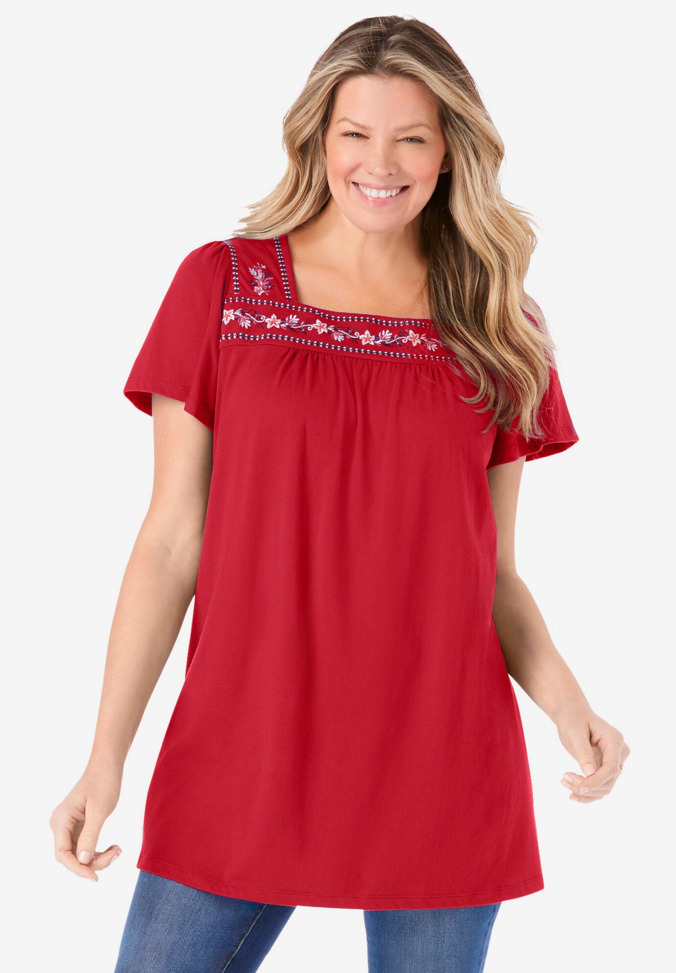 Embroidered Square Neck Tunic - 30" Length, White Multi Embroidery ...