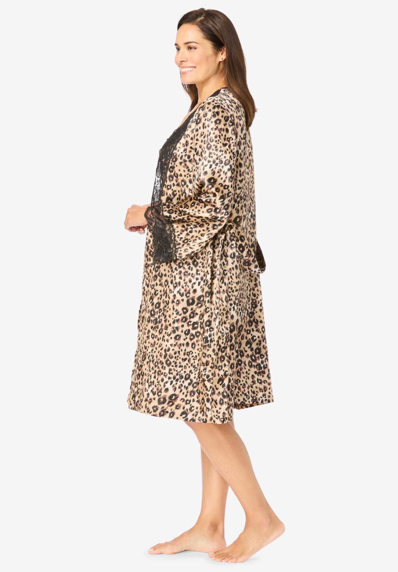 Satin Short Peignoir Set - The Luxe Elegance, Leopard | Woman Within