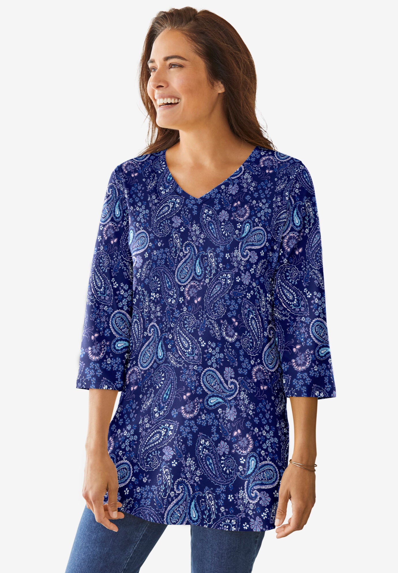 Perfect Printed Three-Quarter-Sleeve V-Neck Tunic | Woman Within