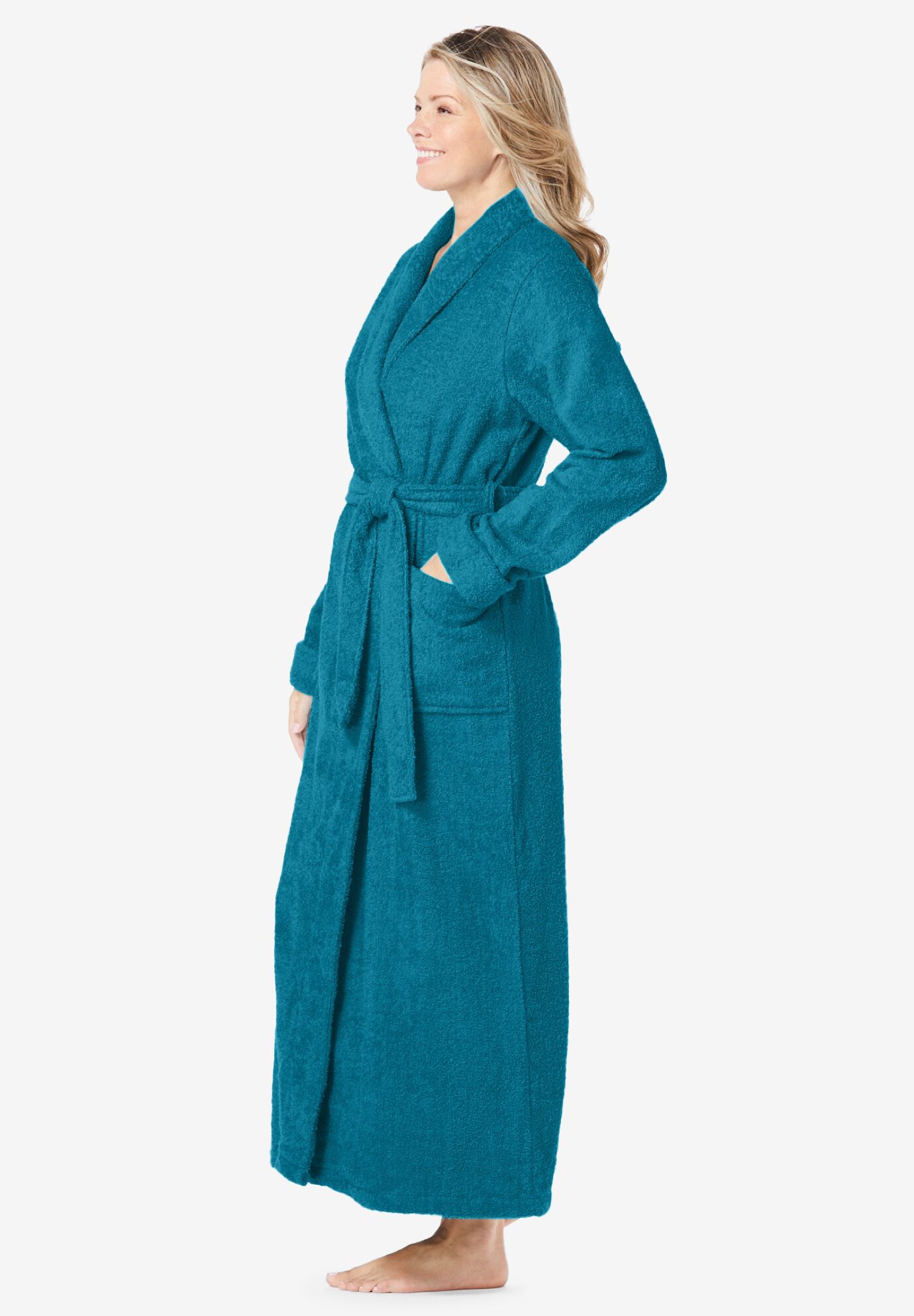 Soft Terry Long Robe - Cozy Cotton Style, Deep Teal | Woman Within