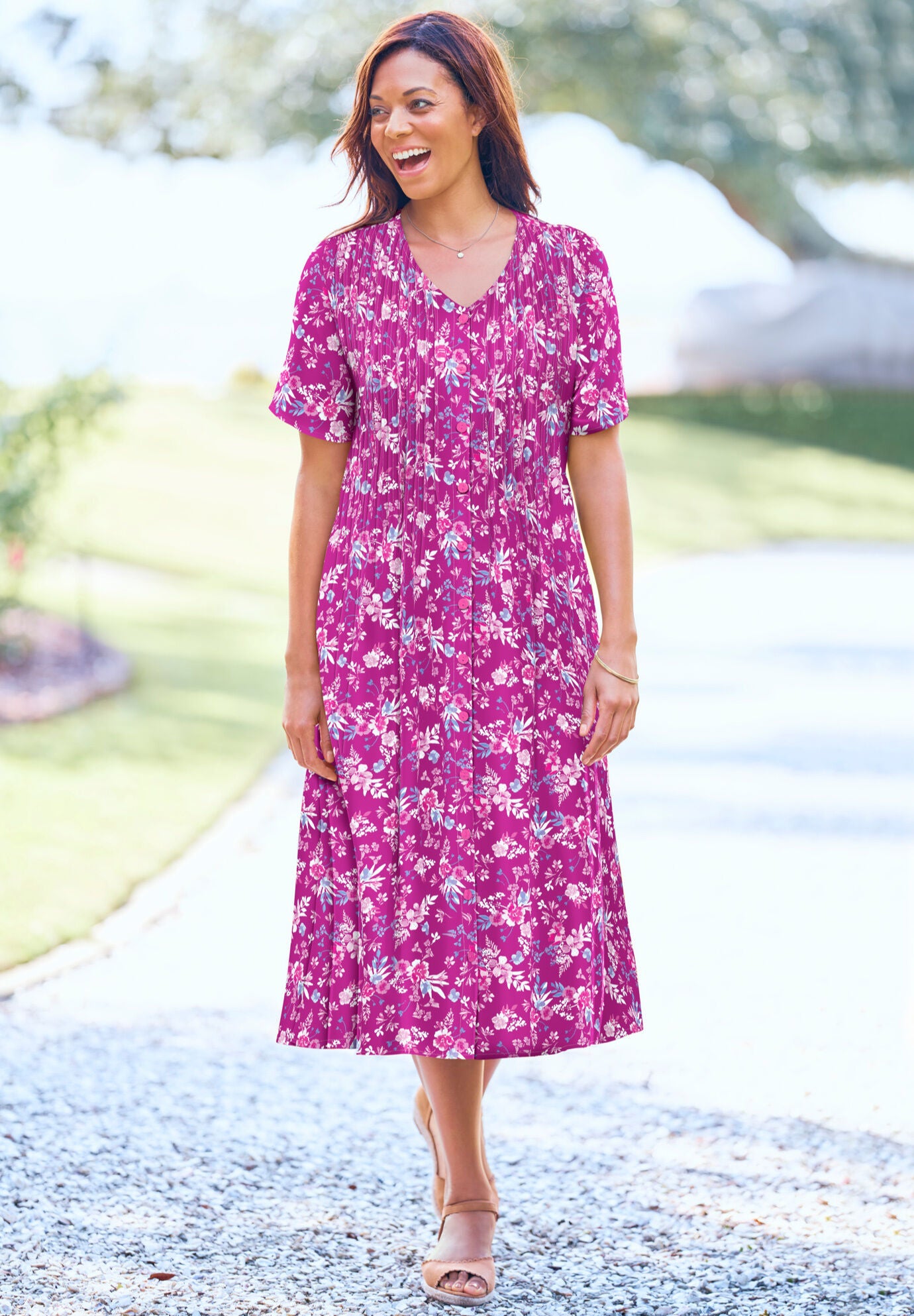 Plus Size Short-Sleeve Button-Front Dress, Raspberry Spring Blossom ...