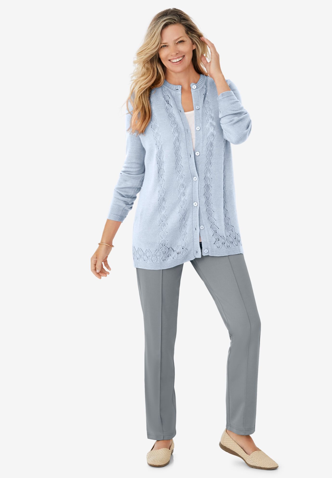 Pointelle Cardigan Long-Sleeve Knit - Plus Sizes, New Khaki | Woman Within