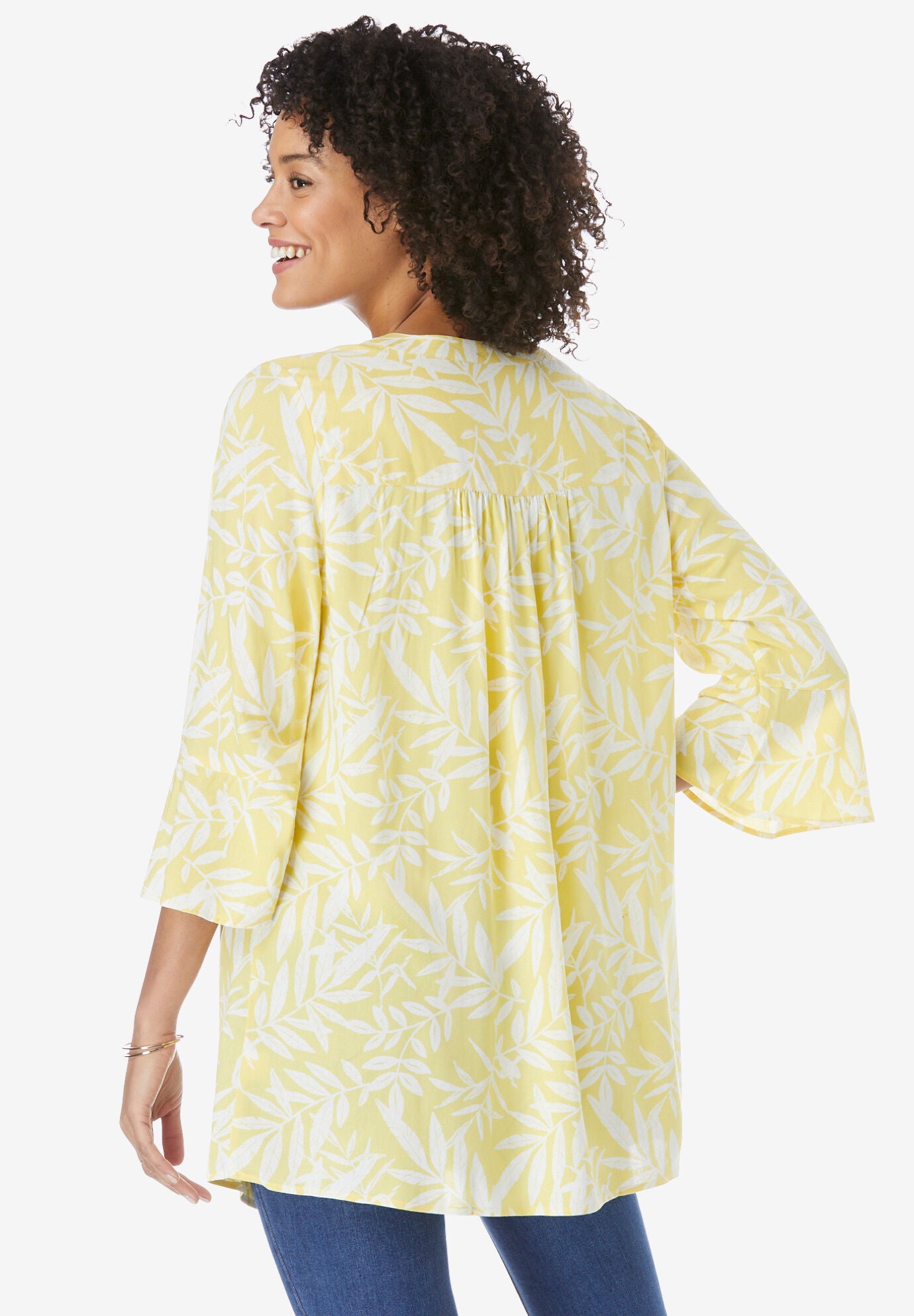 Bell-Sleeve V-Neck Tunic for Women - A-Line Shape, Primrose Yellow Leaf ...