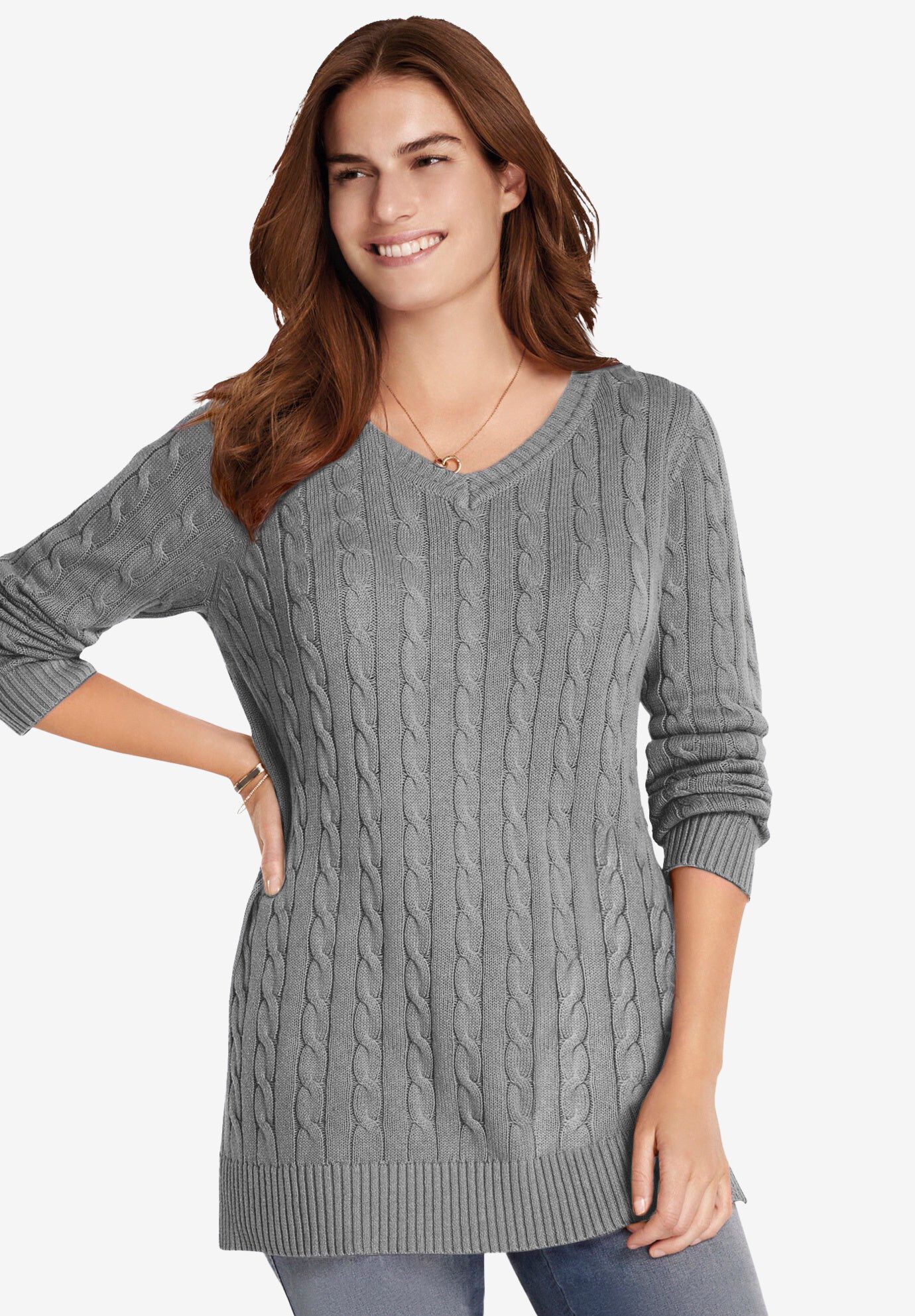 Cable Knit V-Neck Pullover Sweater | Woman Within
