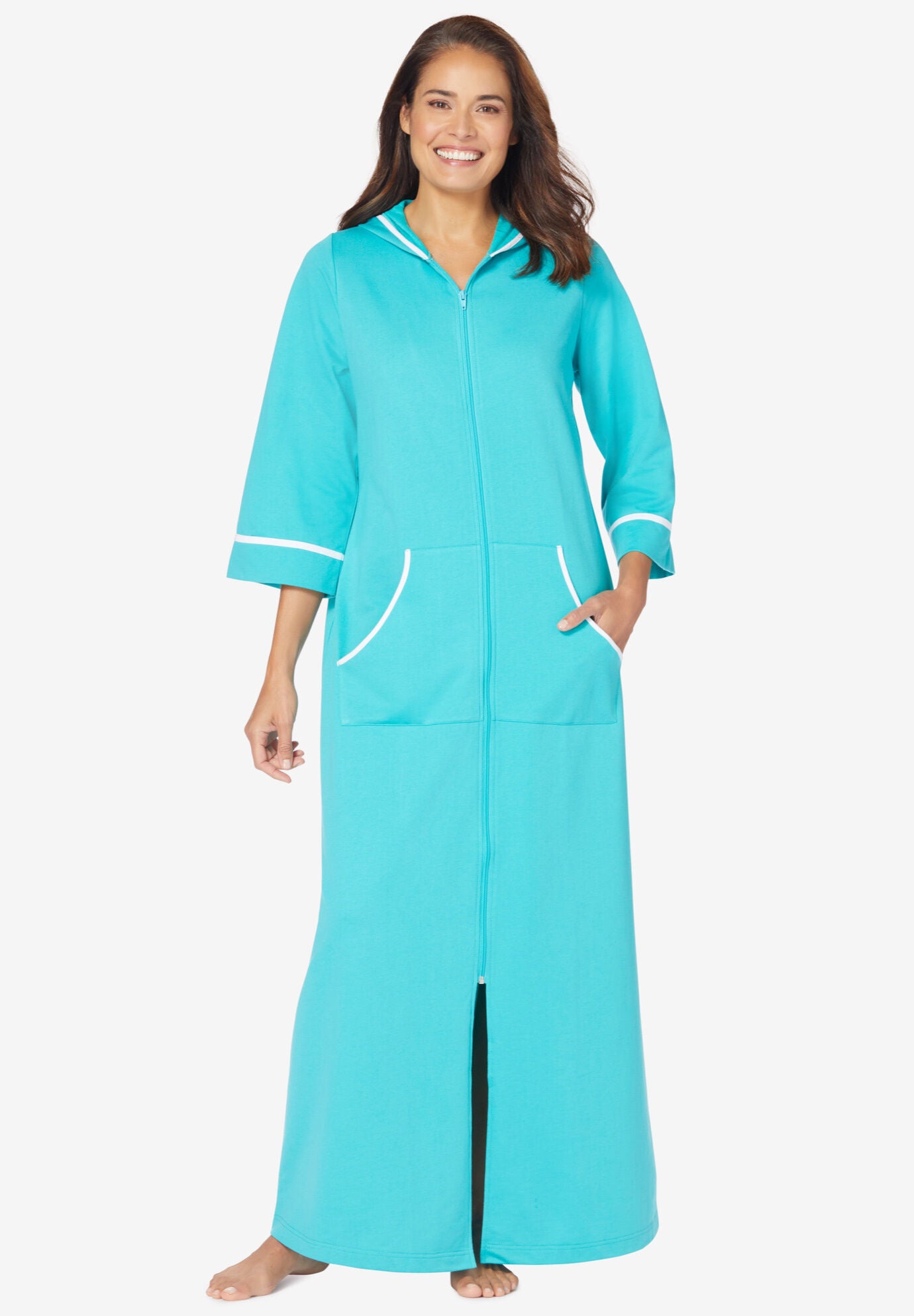 Long French Terry Robe with Hood & Pockets, Aquamarine | Woman Within