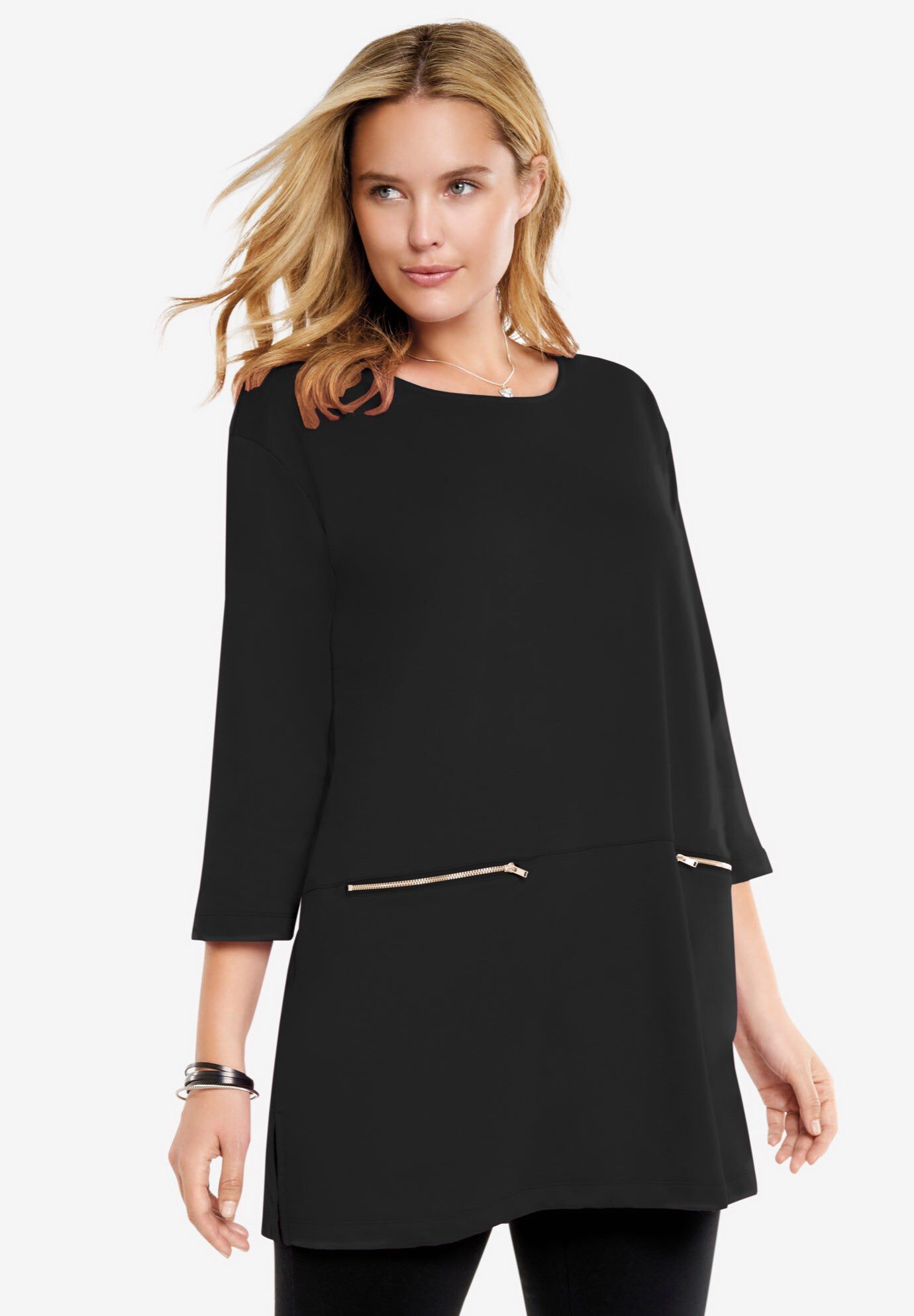 Zipper Pocket Tunic - Baby French Terry Top, Black | Woman Within