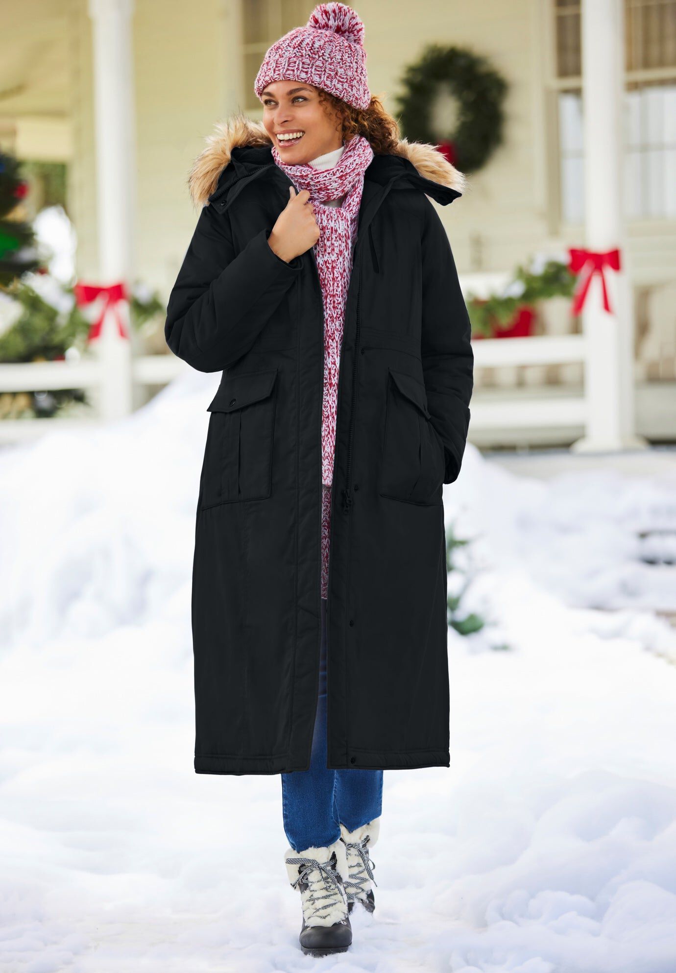 Extra Long Arctic Parka with Removable Faux Fur, Black | Woman Within