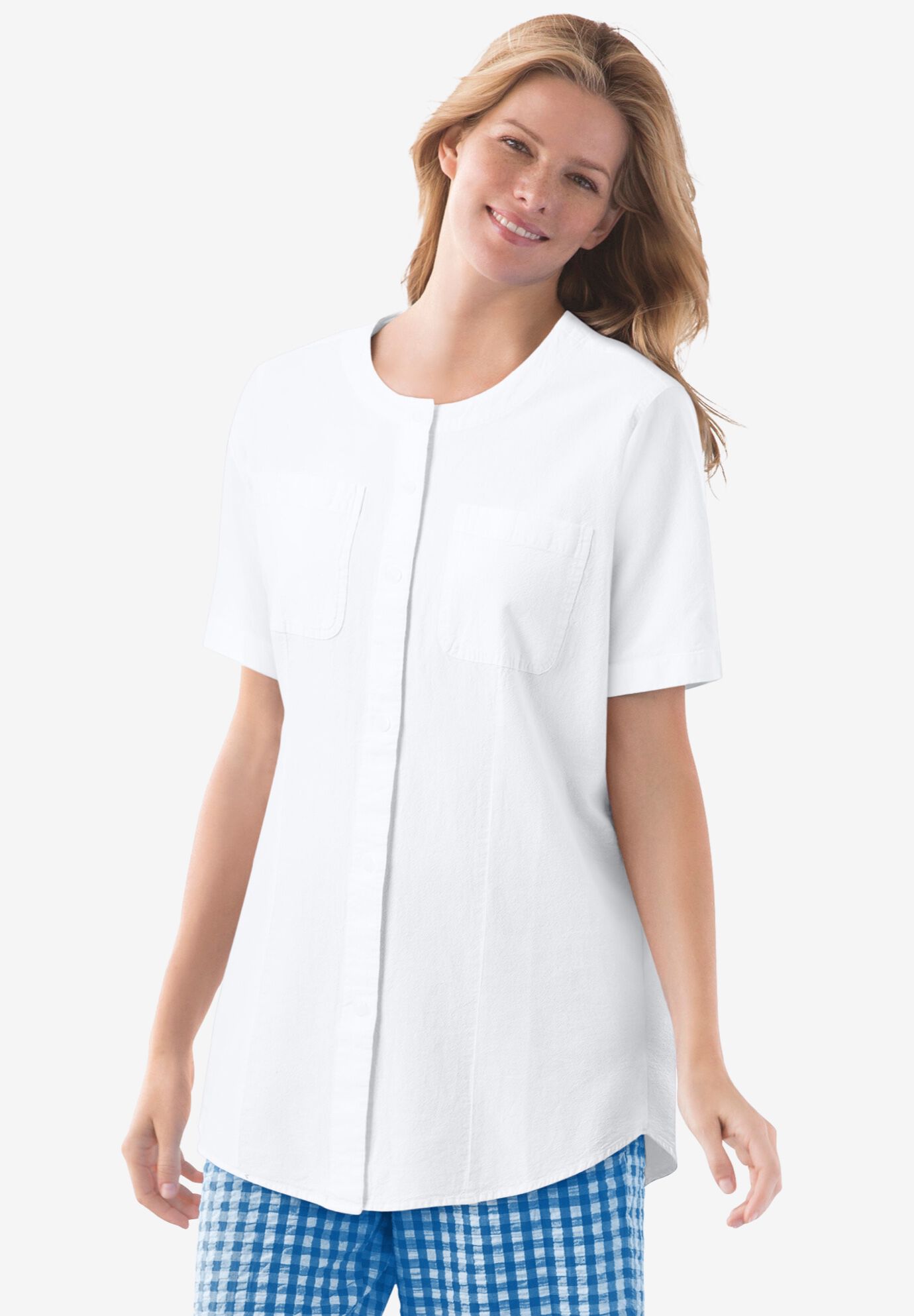 Short-Sleeve Crinkle Shirt - Relaxed Fit Cotton, White | Woman Within
