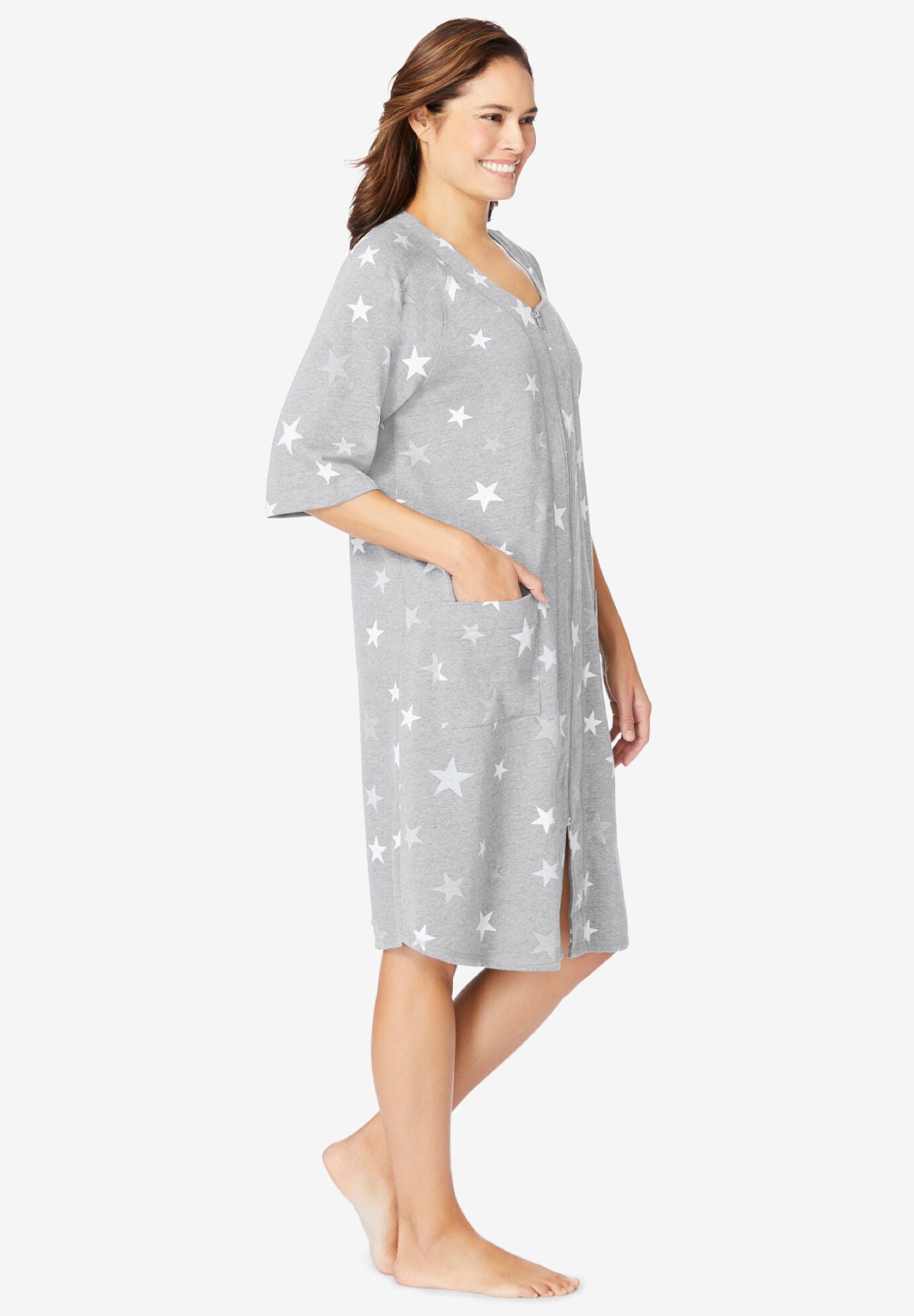 French Terry Short Zip-Front Lounge Robe, Aquamarine | Woman Within