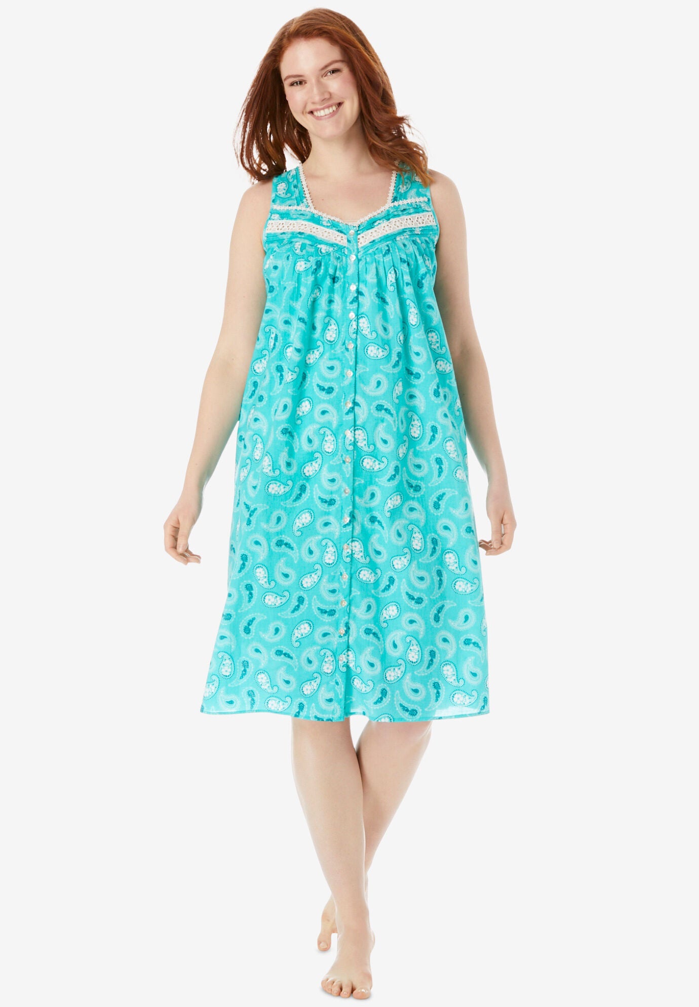 Sleeveless Cotton Night Gown with Lace Trim, Aquamarine Paisley | Woman ...