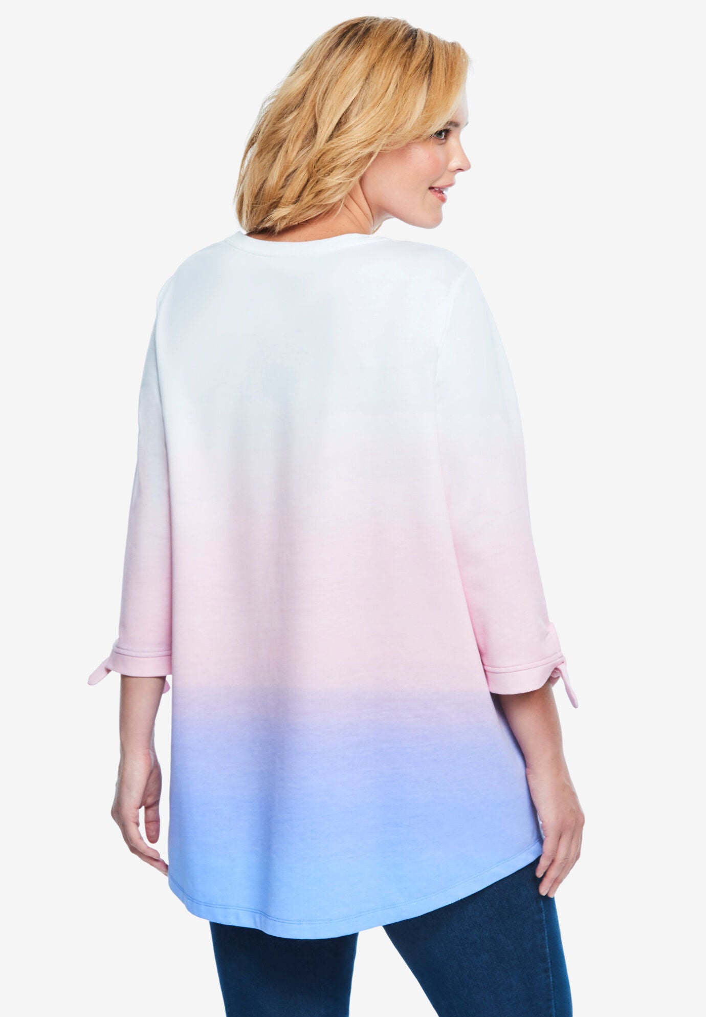 French Terry Pullover Tie-Sleeve Sweatshirt, Azure Ombre | Woman Within