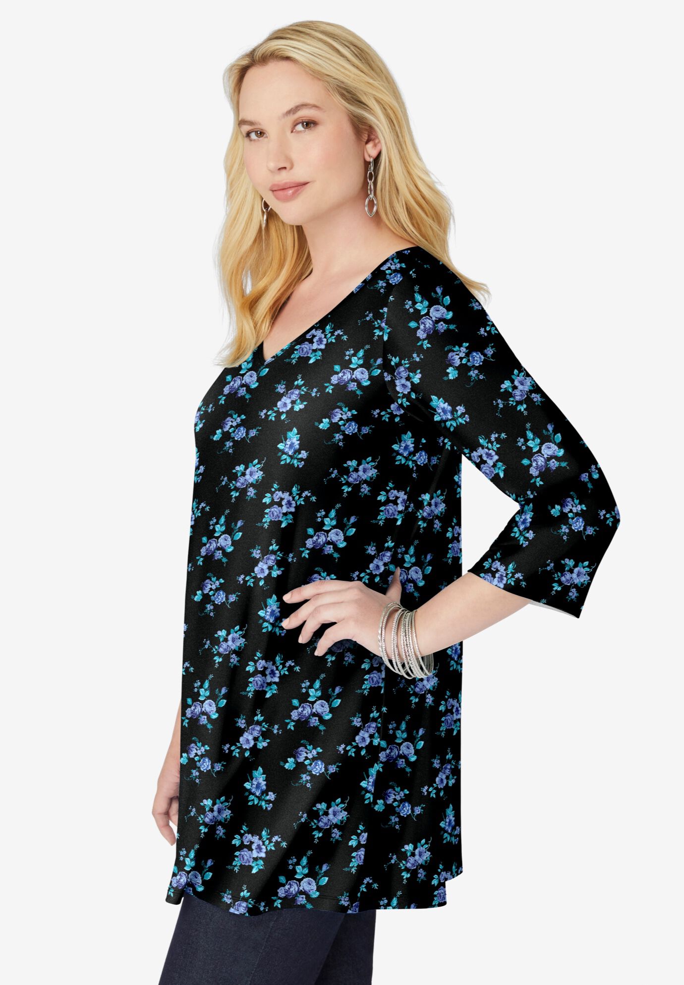 Printed V-Neck Tunic - Best Selling Style, Blue Rose Ditsy Bouquet ...