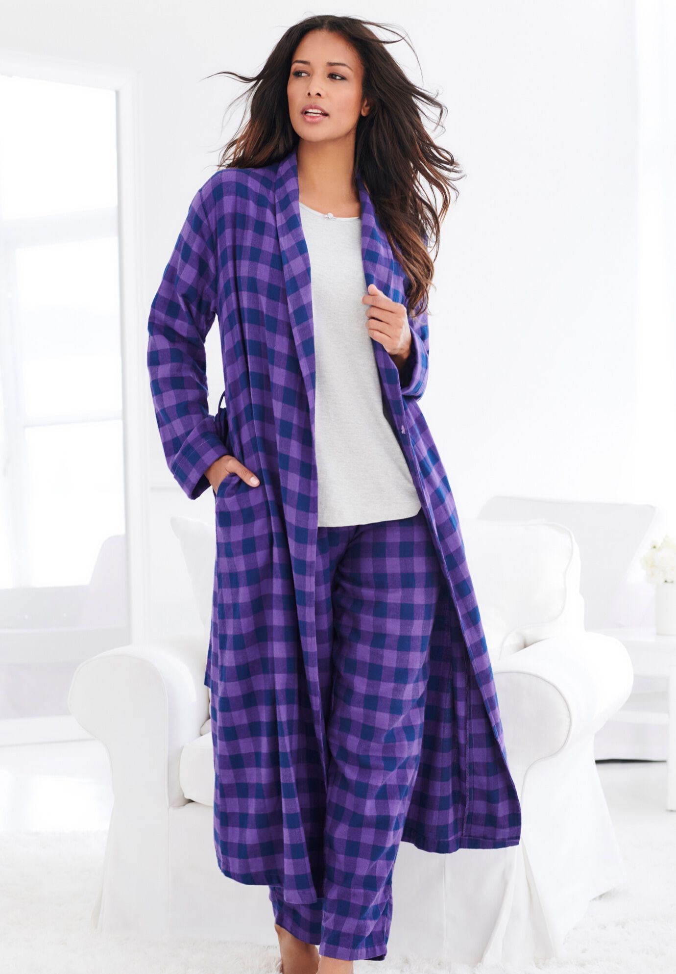 Women's Long Cotton Flannel Robe with Pockets, Red Buffalo Check ...