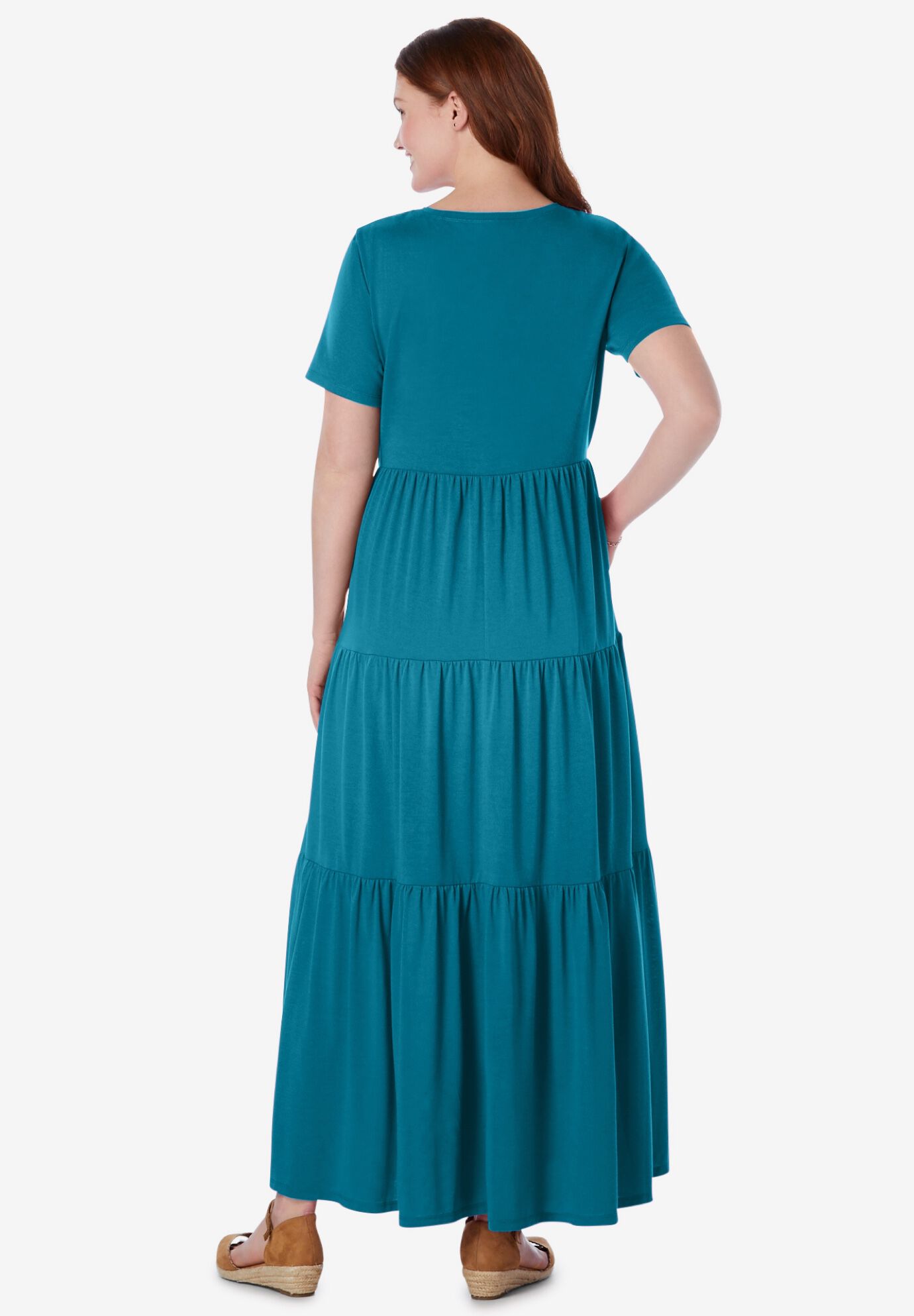 Plus Size Short-Sleeve Tiered Dress, Deep Teal | Woman Within
