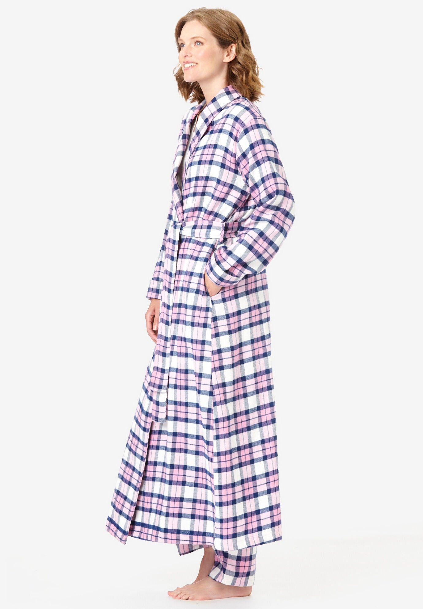 Women's Long Cotton Flannel Robe with Pockets, Plum Burst Plaid | Woman ...