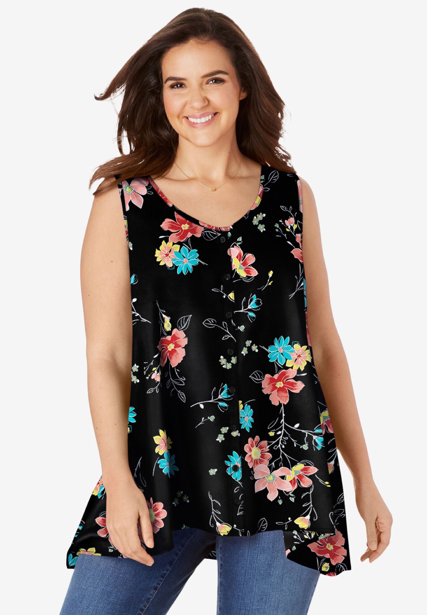 High-Low Tank Top - Button Front Design, Black Wild Floral | Woman Within