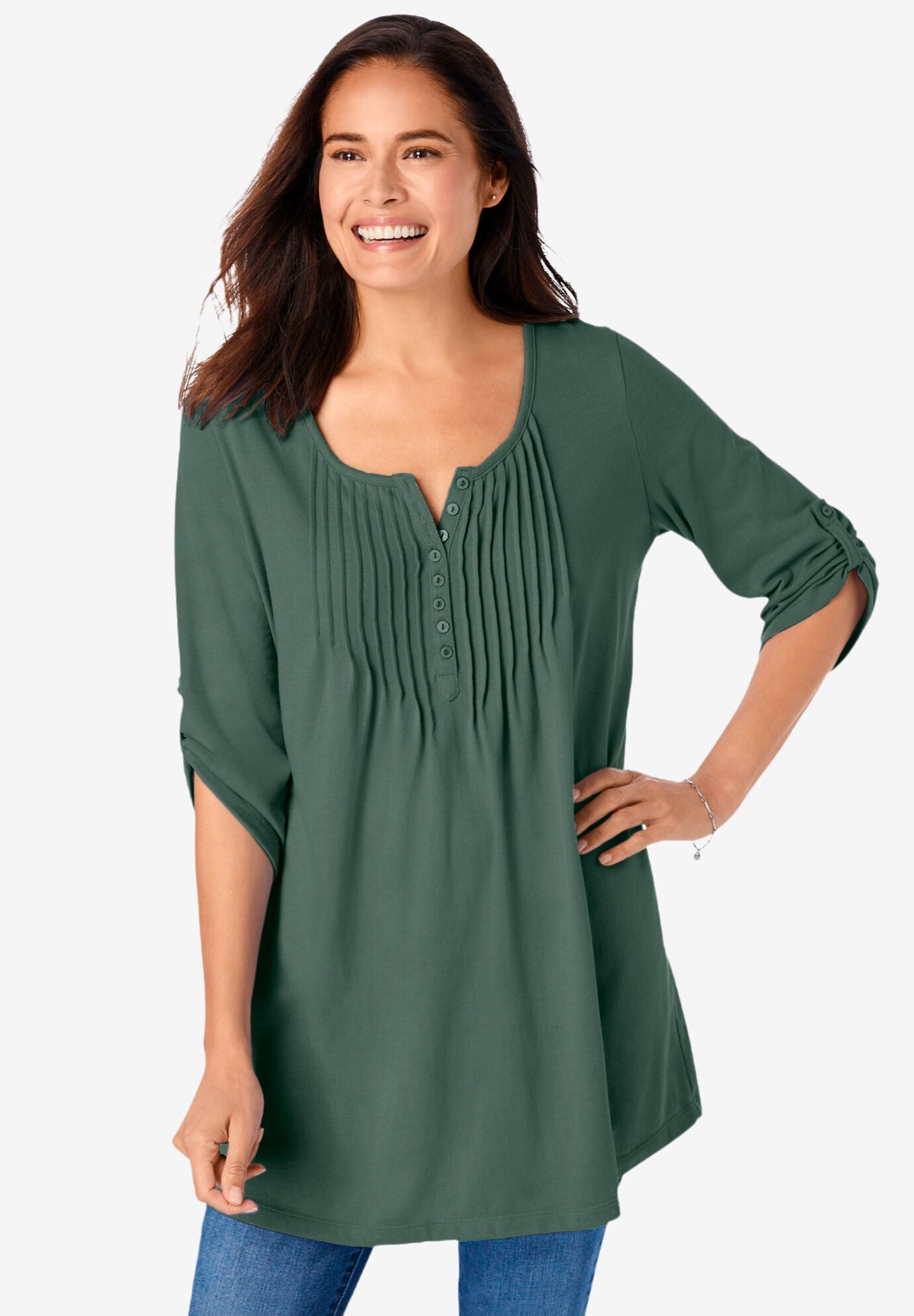 7-Day Three-Quarter Sleeve Pintucked Henley Tunic | Woman Within