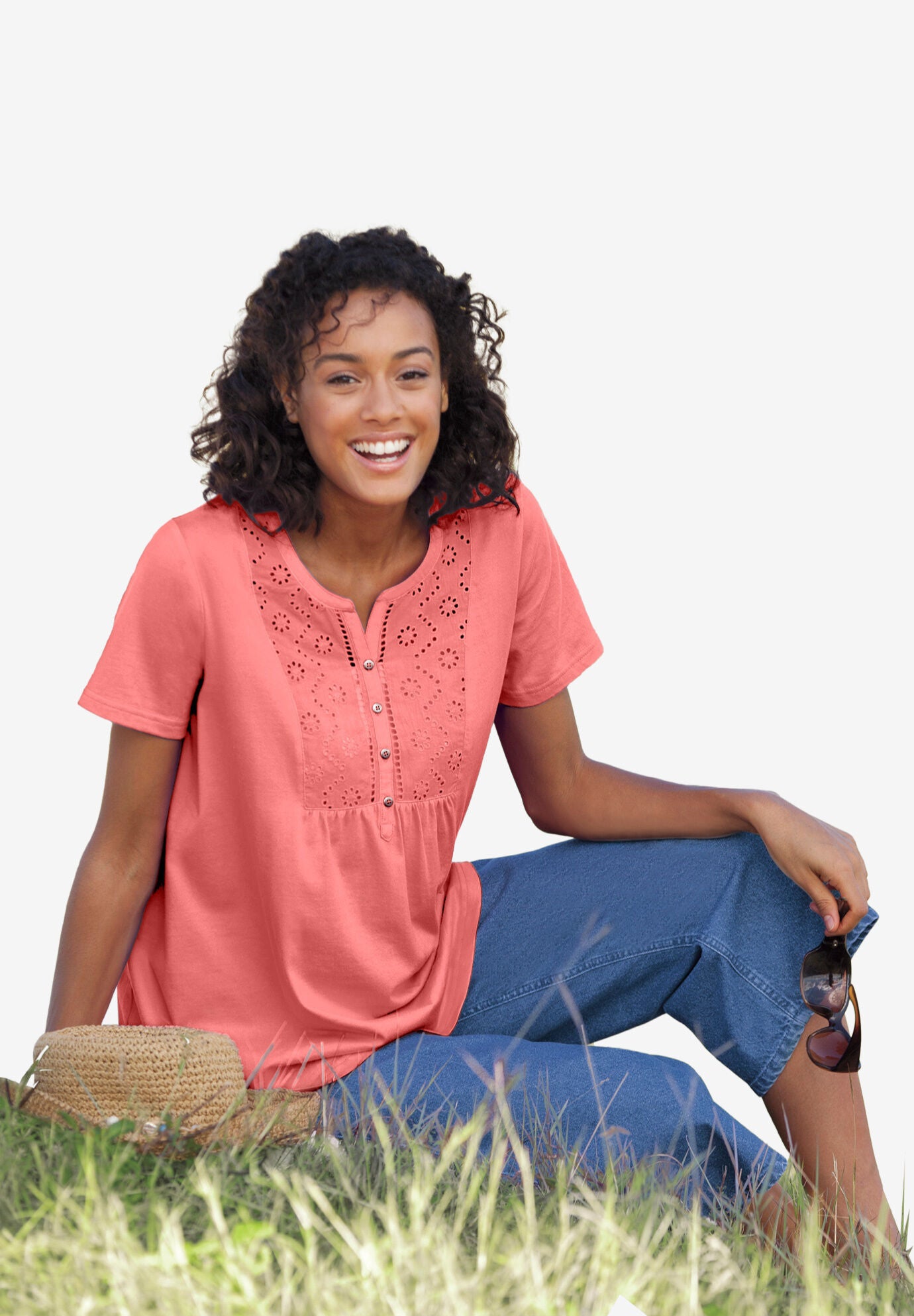 Eyelet Henley Tee - Feminine Embroidered Top, French Blue | Woman Within