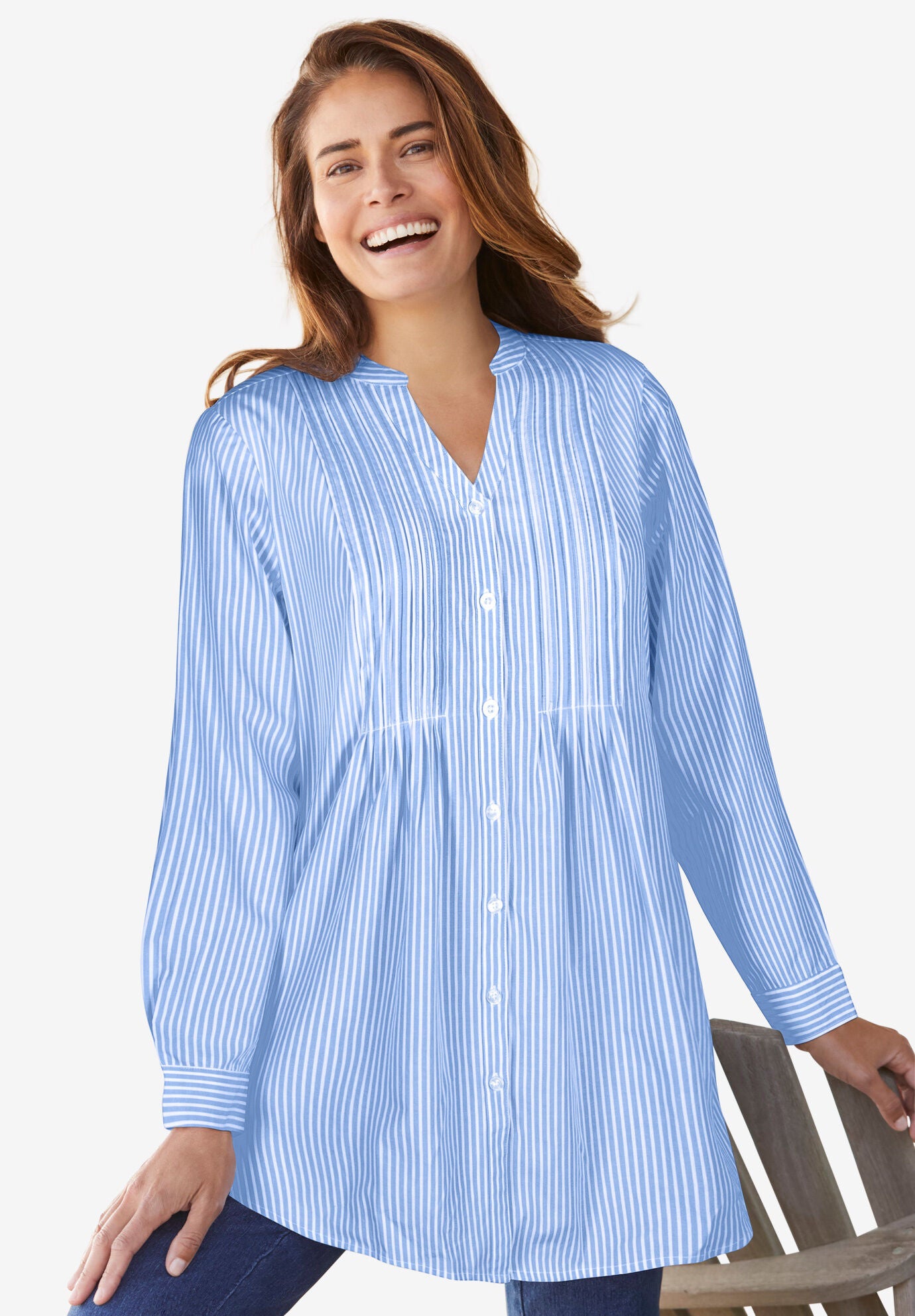 Wrinkle-Resistant Perfect Pintuck Tunic, French Blue Stripe | Woman Within
