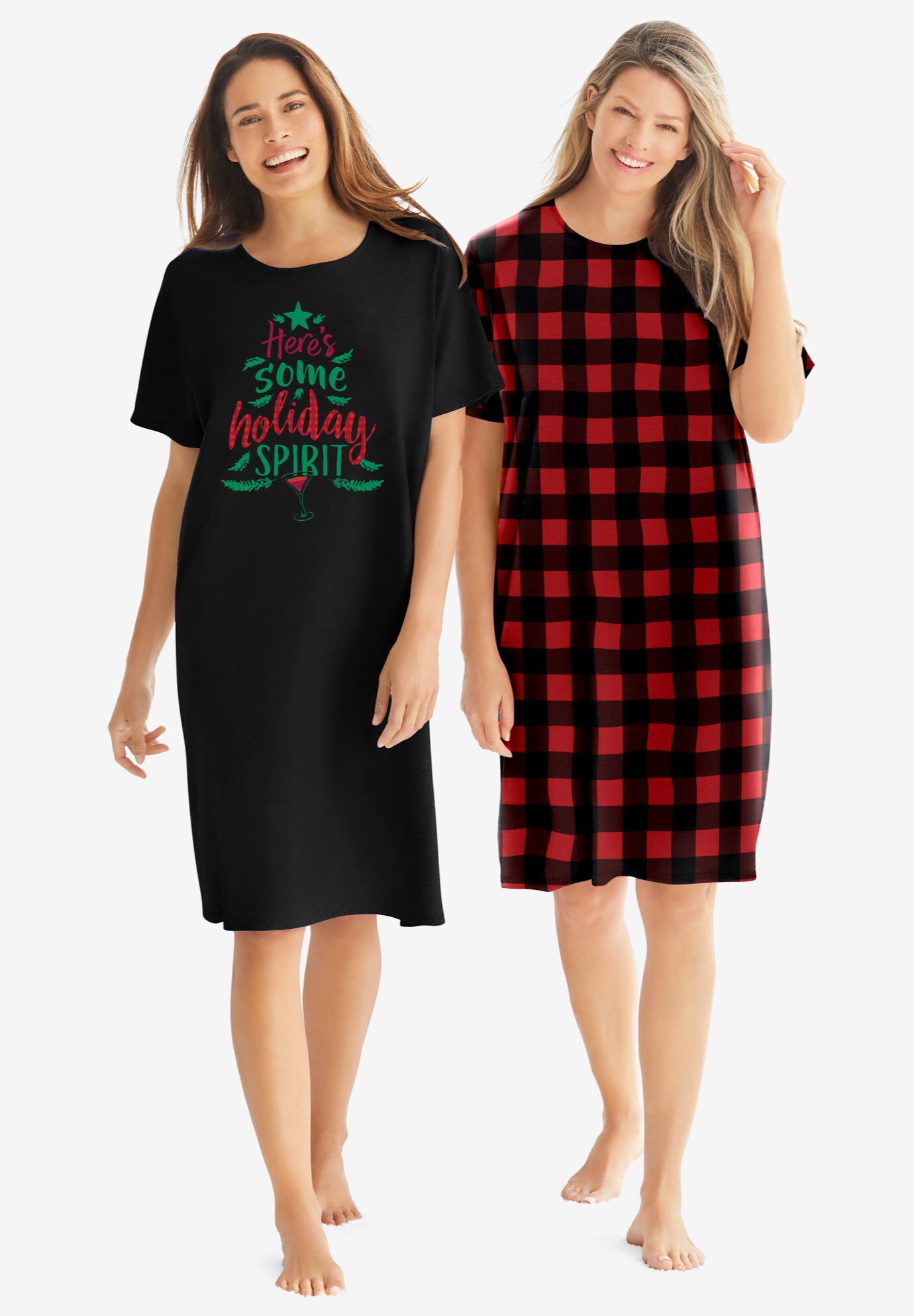 "2-Pack Short-Sleeve Sleepshirt Breathable Cotton", Red Buffalo Plaid ...