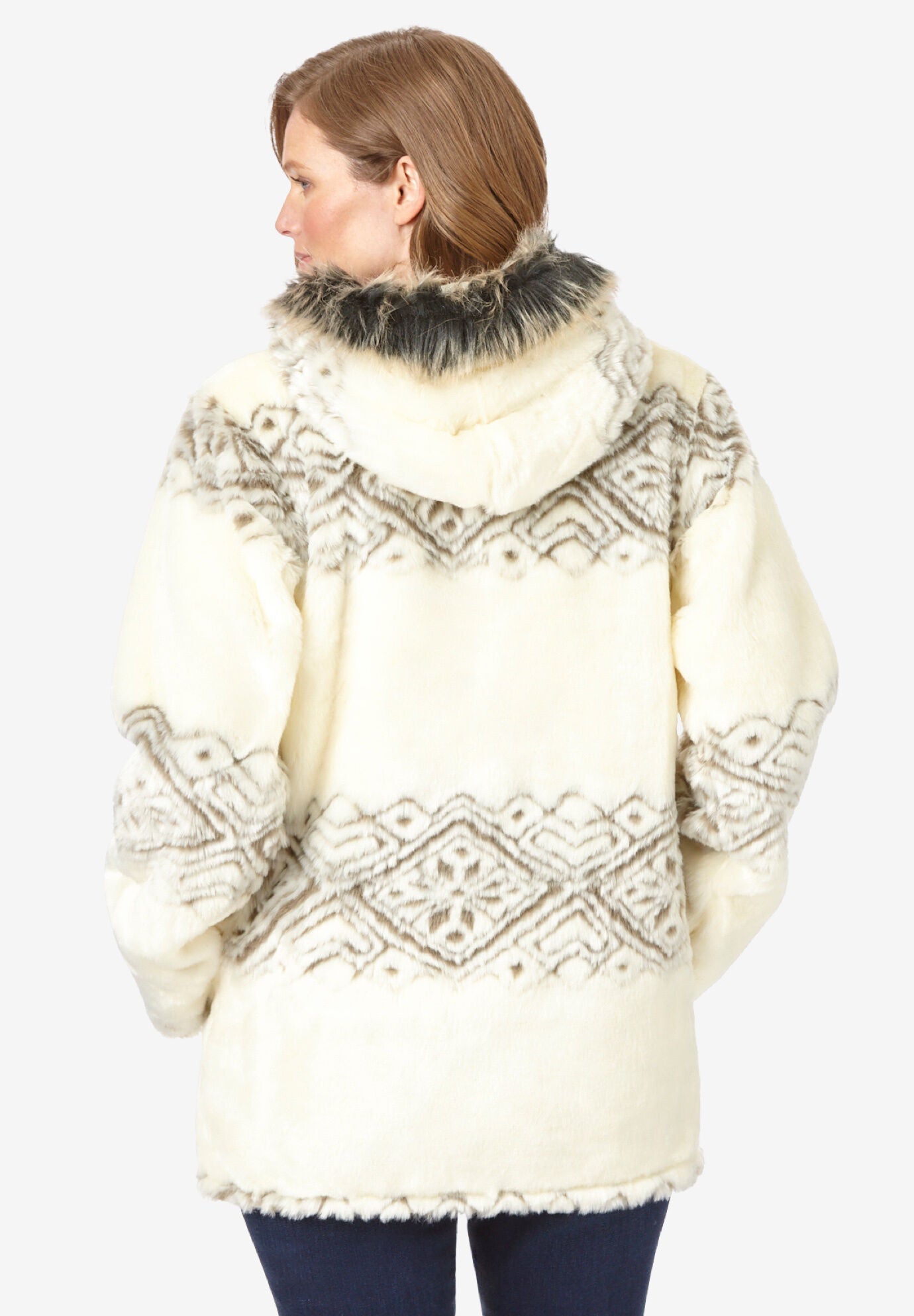 Faux Fur Snowflake Print Hooded Jacket, Black Snowflake Fair Isle ...