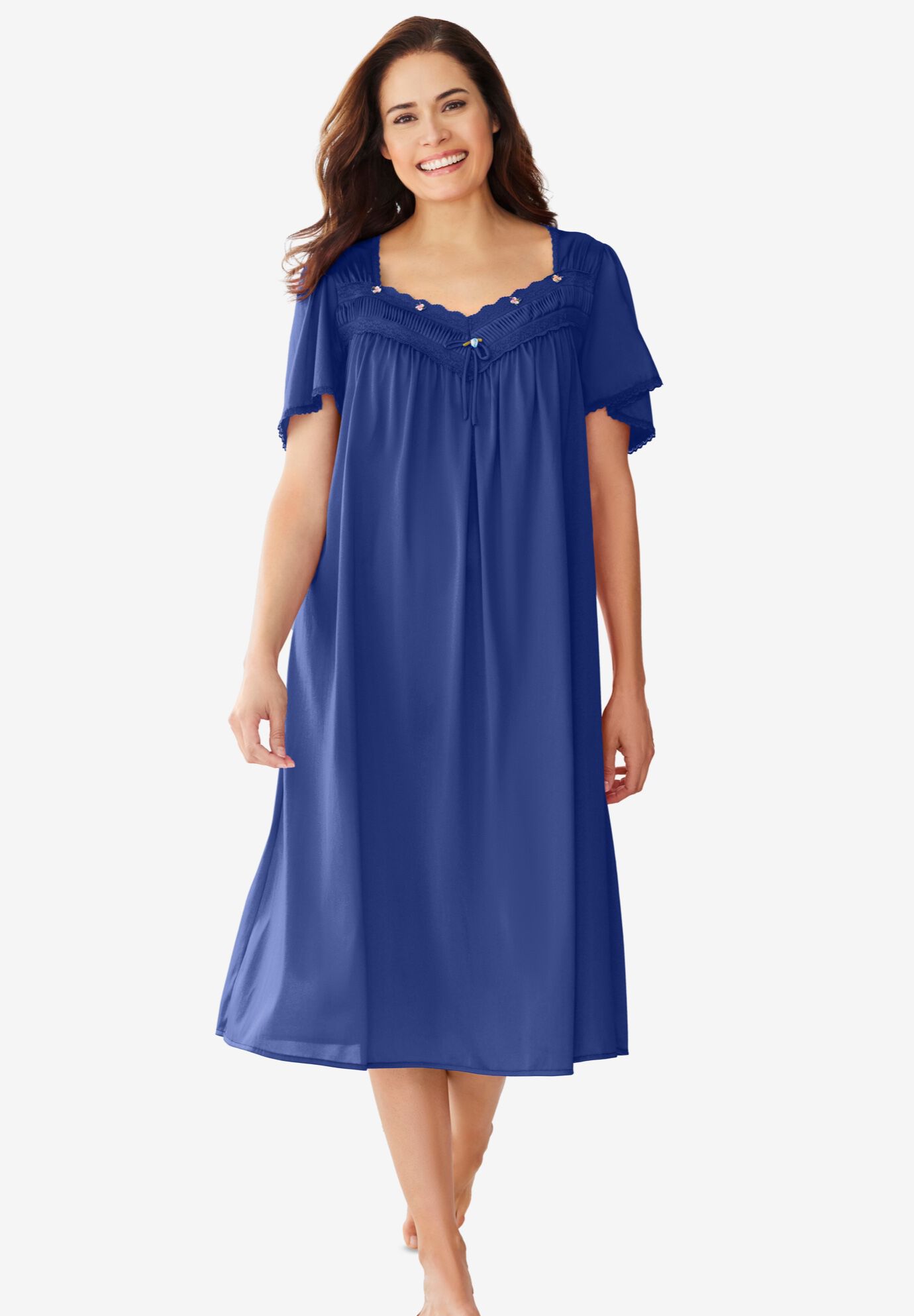 Silky Lace-Trim Gown - Short Nightgown, Ultra Blue | Woman Within