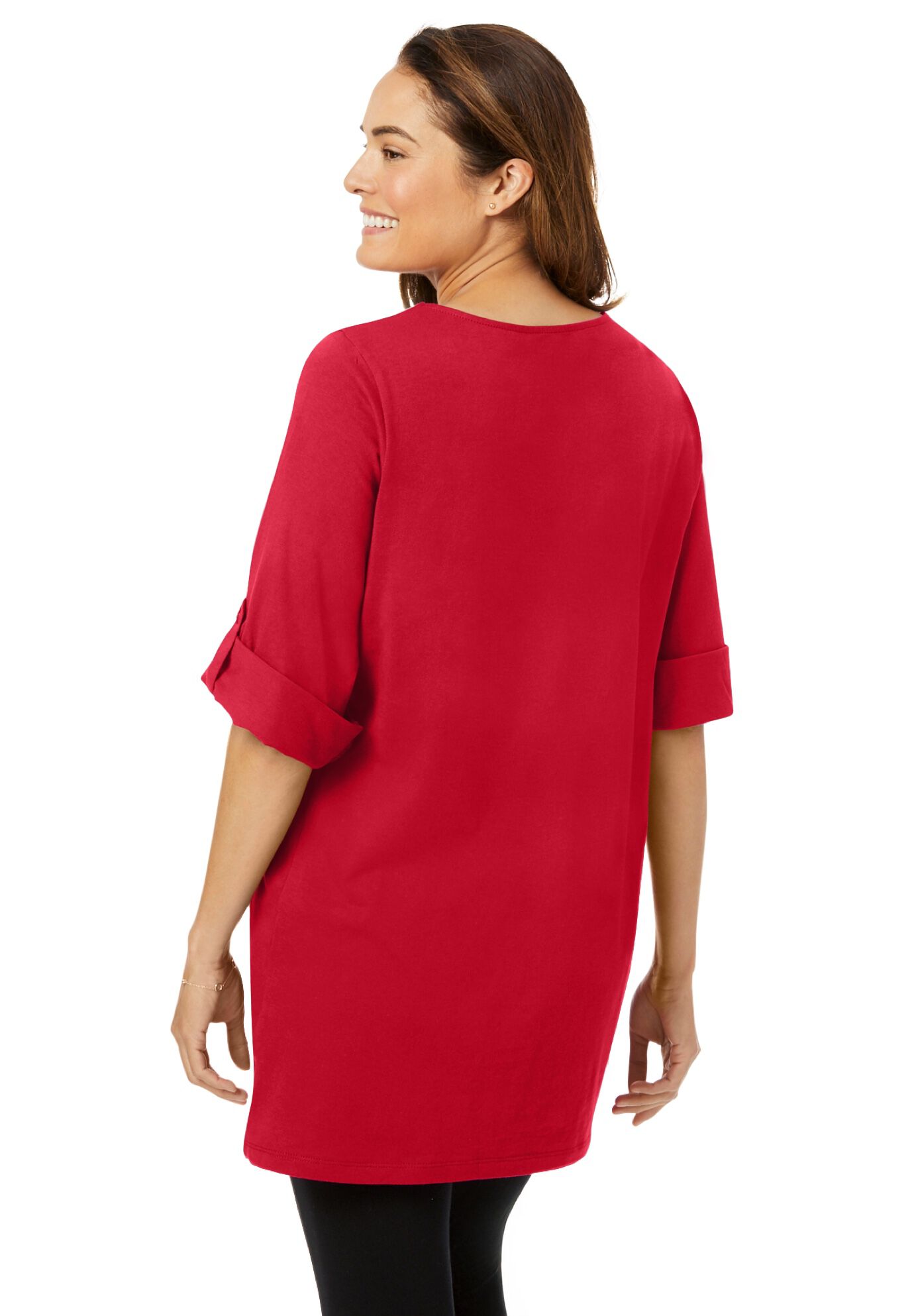 Roll-Tab Sleeve Notch-Neck Tunic for Women, Classic Red | Woman Within